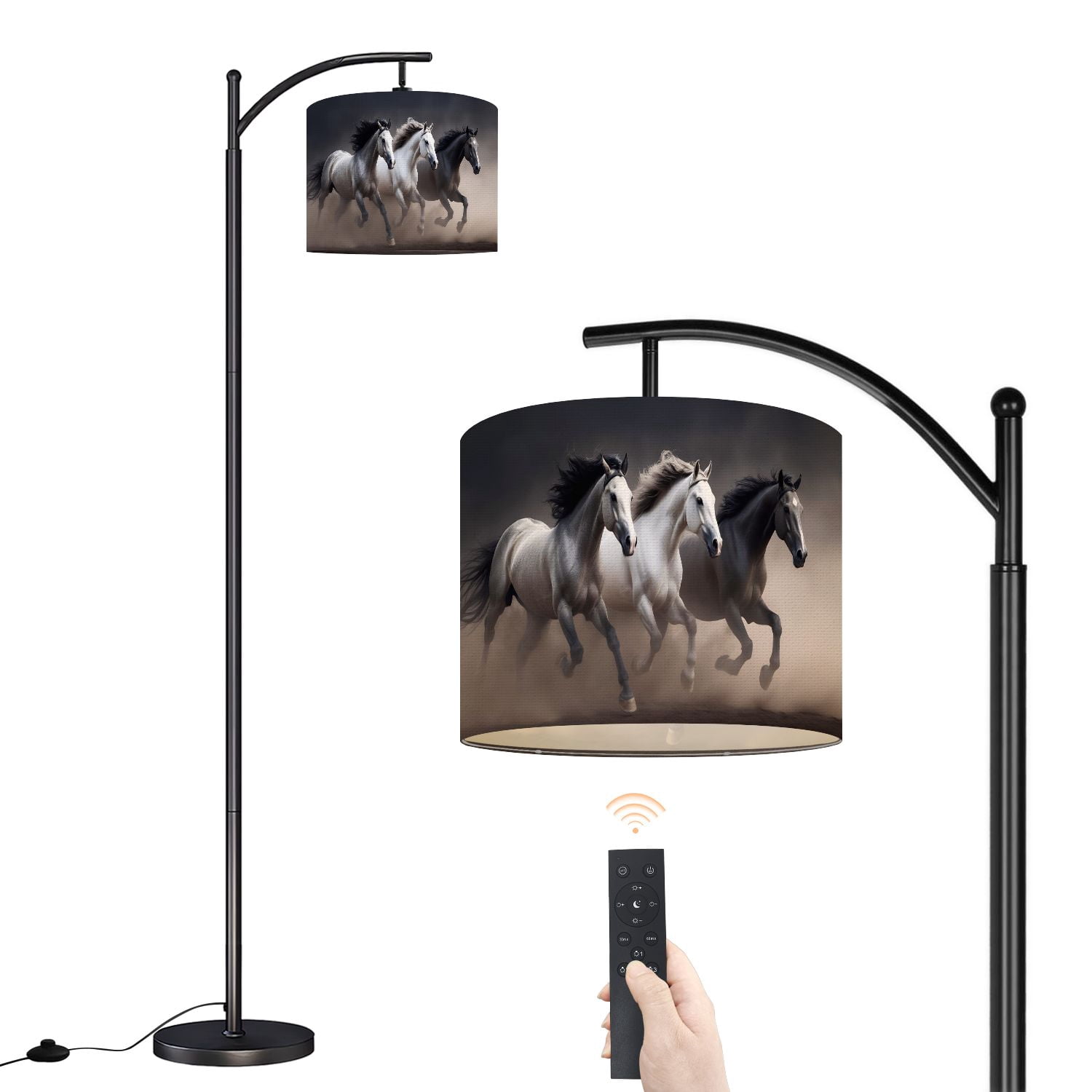 Arc Floor Lamp with Adjustable Lampshade Horse White Black Horses ...