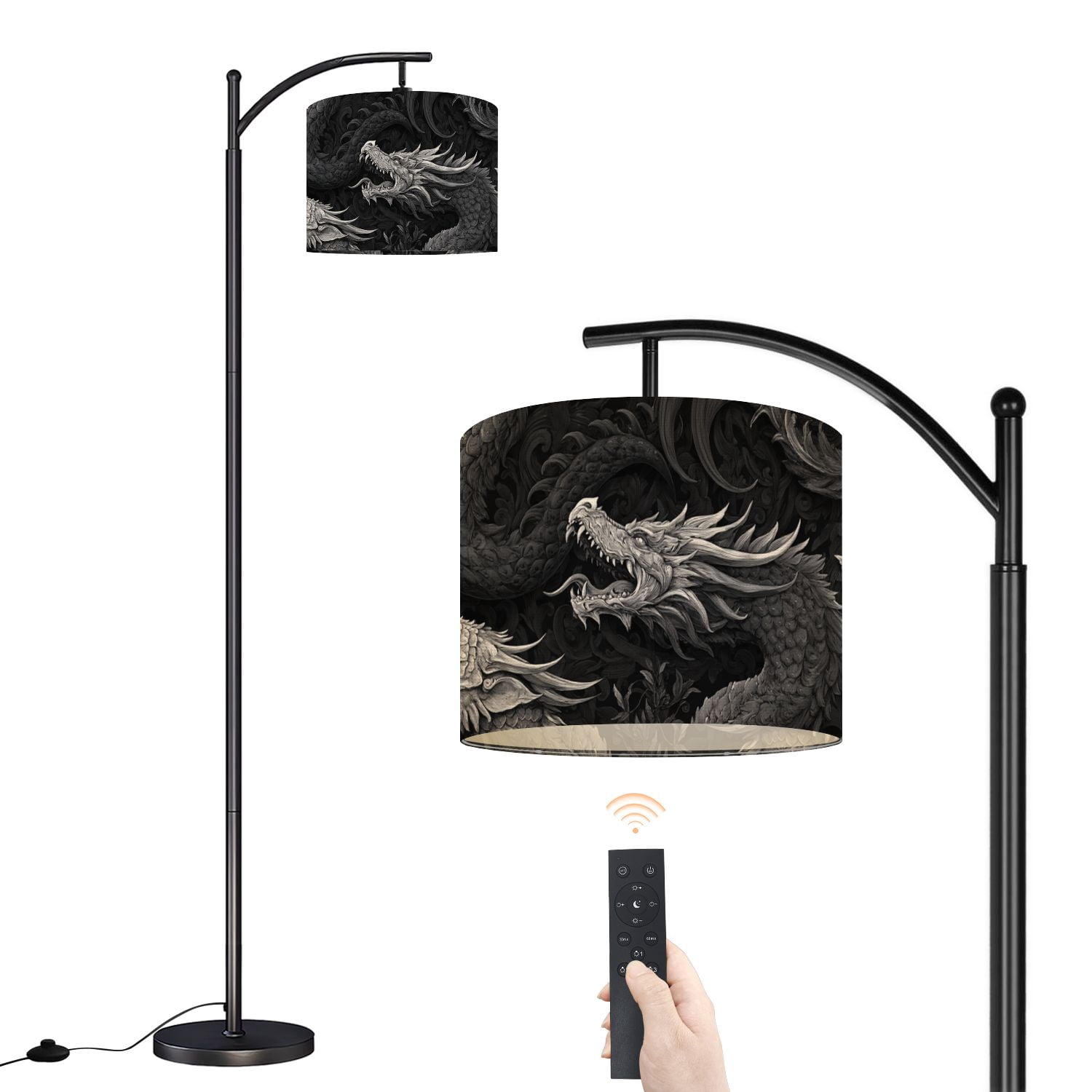 Arc Floor Lamp with Adjustable Lampshade Intricate Black White Dragon ...