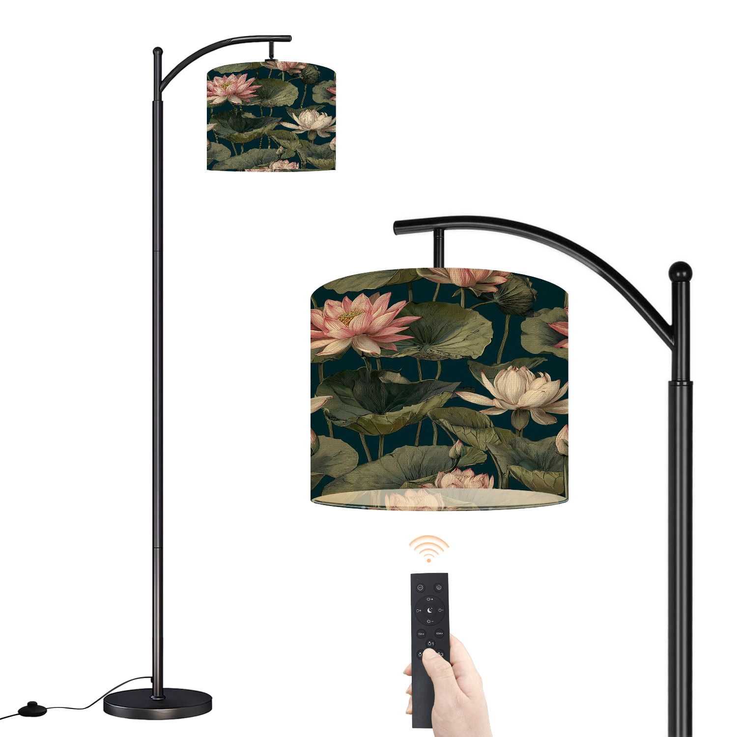Arc Floor Lamp with Adjustable Lampshade Pink Lotus Flowers Green ...
