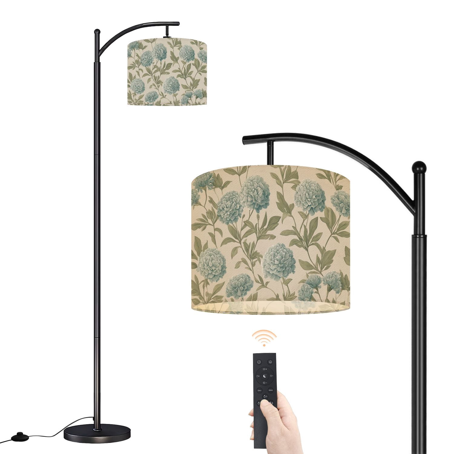 Arc Floor Lamp with Adjustable Lampshade Vintage Floral Soft Blue Green ...