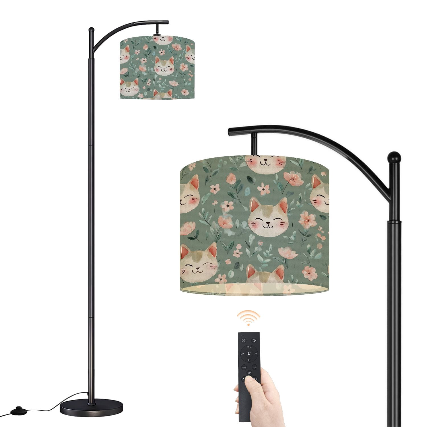 Arc Floor Lamp with Adjustable Lampshade Whimsical Cat Faces Floral ...