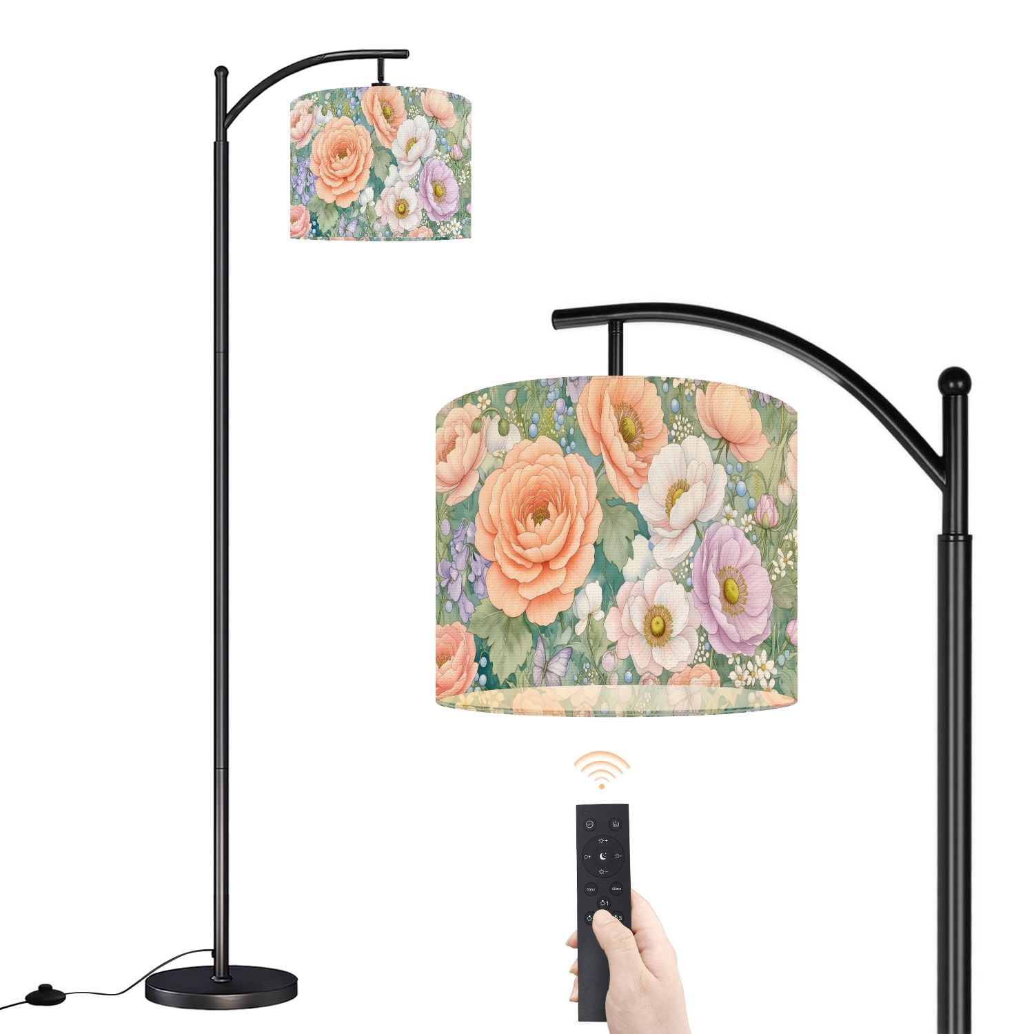 Arc Floor Lamp with Adjustable Lampshade Whimsical Watercolor Garden ...