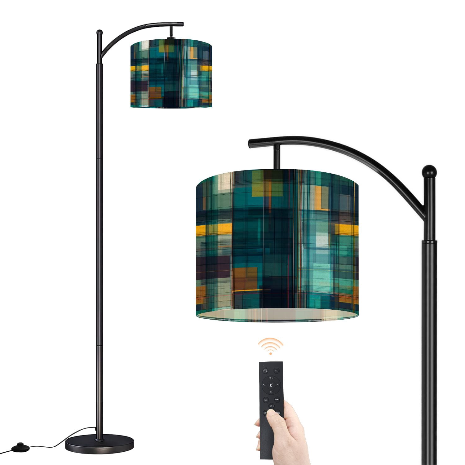 Arc Floor Lamp with Adjustable Lampshade White Navy blue Green Tartan ...