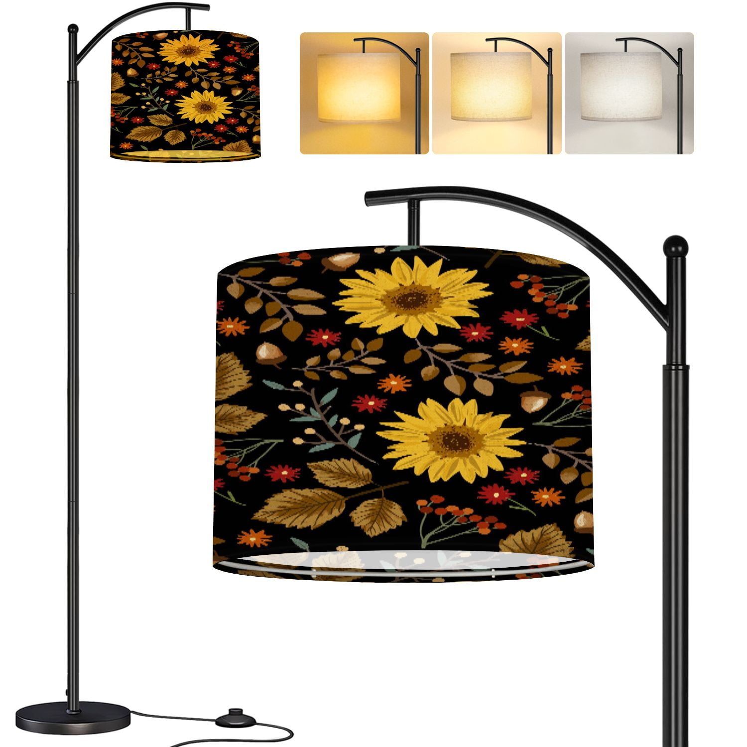 Arc Floor Lamp Autumn sunflowers black pattern Maple leaves sunflowers ...