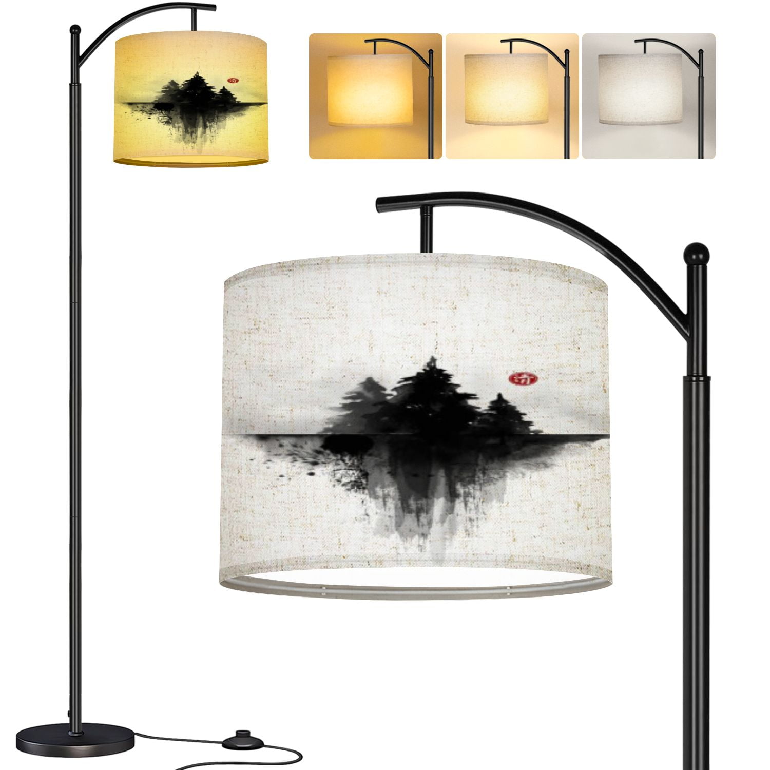 Arc Floor Lamp Black Ink wash painting three pine trees Traditional ...