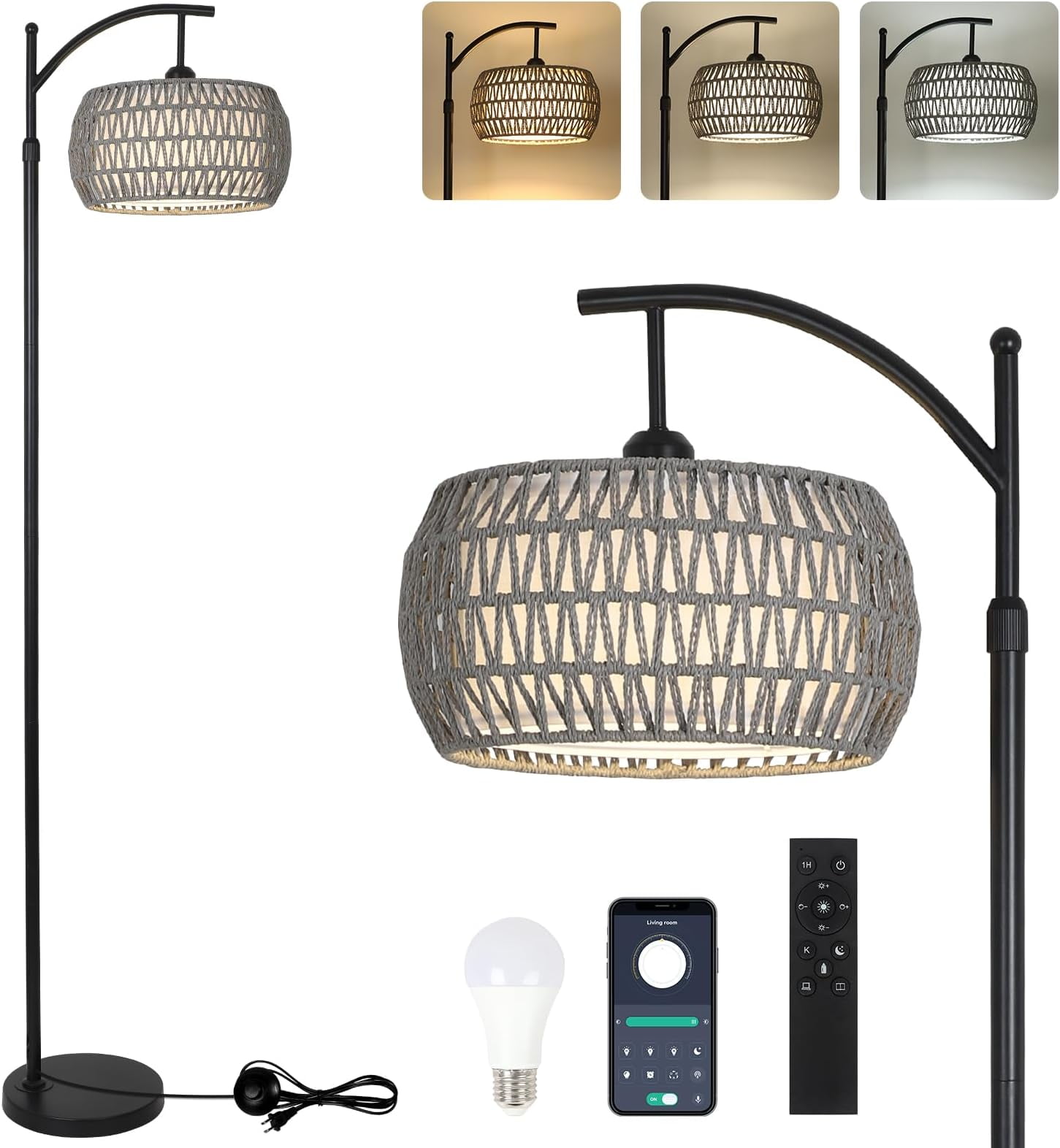 Arc Floor Lamp for , Boho Standing Lamp with Remote & Bulb, Rattan ...