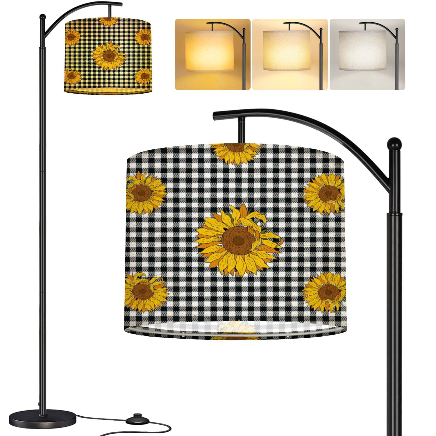 Arc Floor Lamp Bright sunflowers black white buffalo check plaid ...