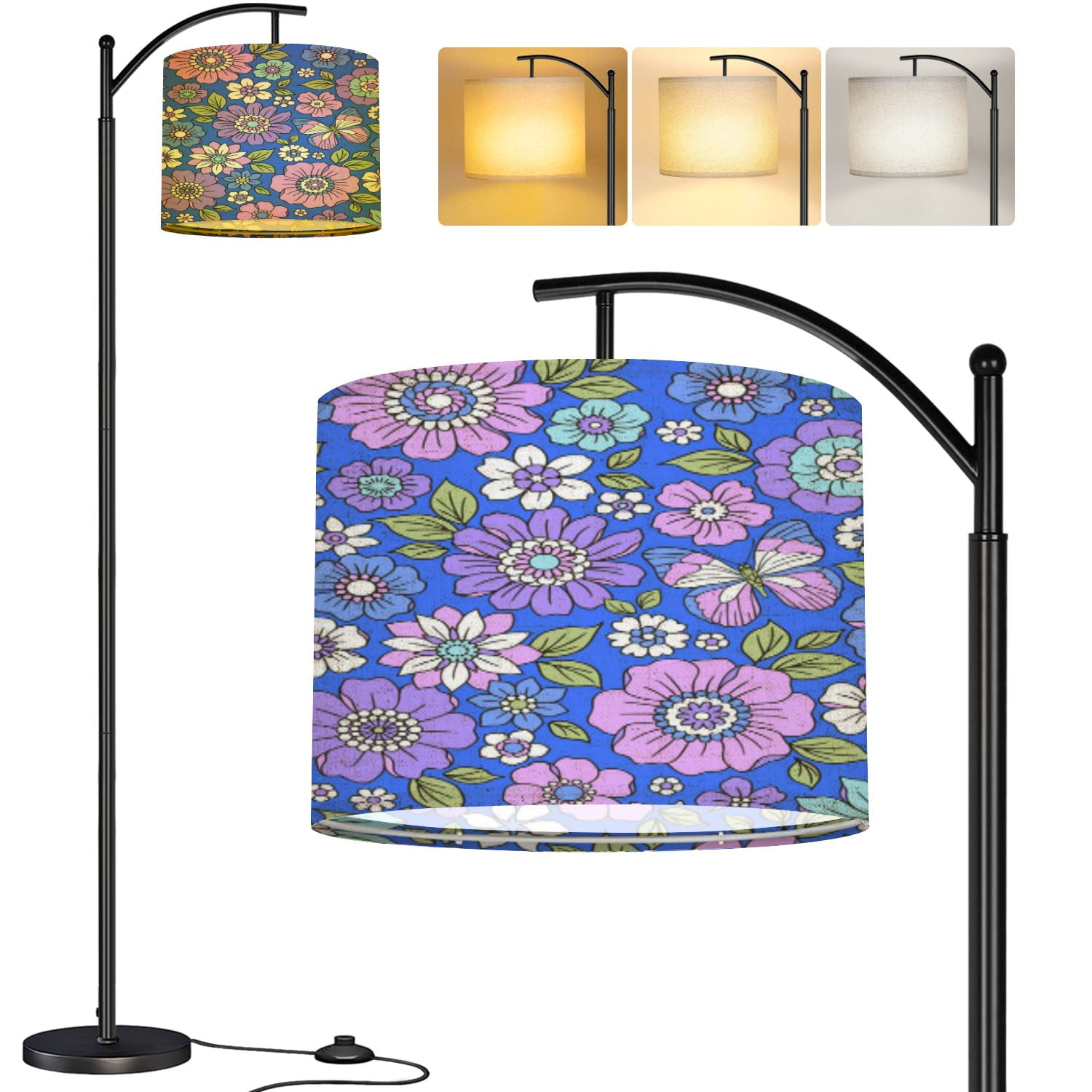 Arc Floor Lamp Colorful 60s 70s style retro hand drawn floral pattern ...