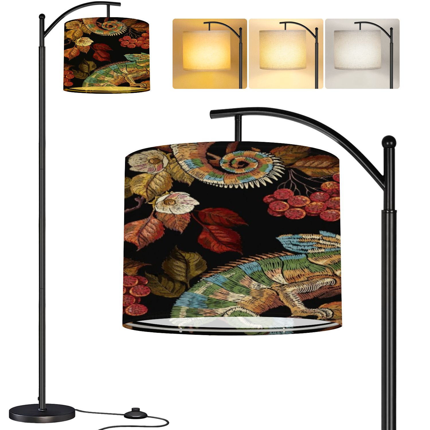 Arc Floor Lamp Embroidery chameleon lizard red branches mountain ash ...