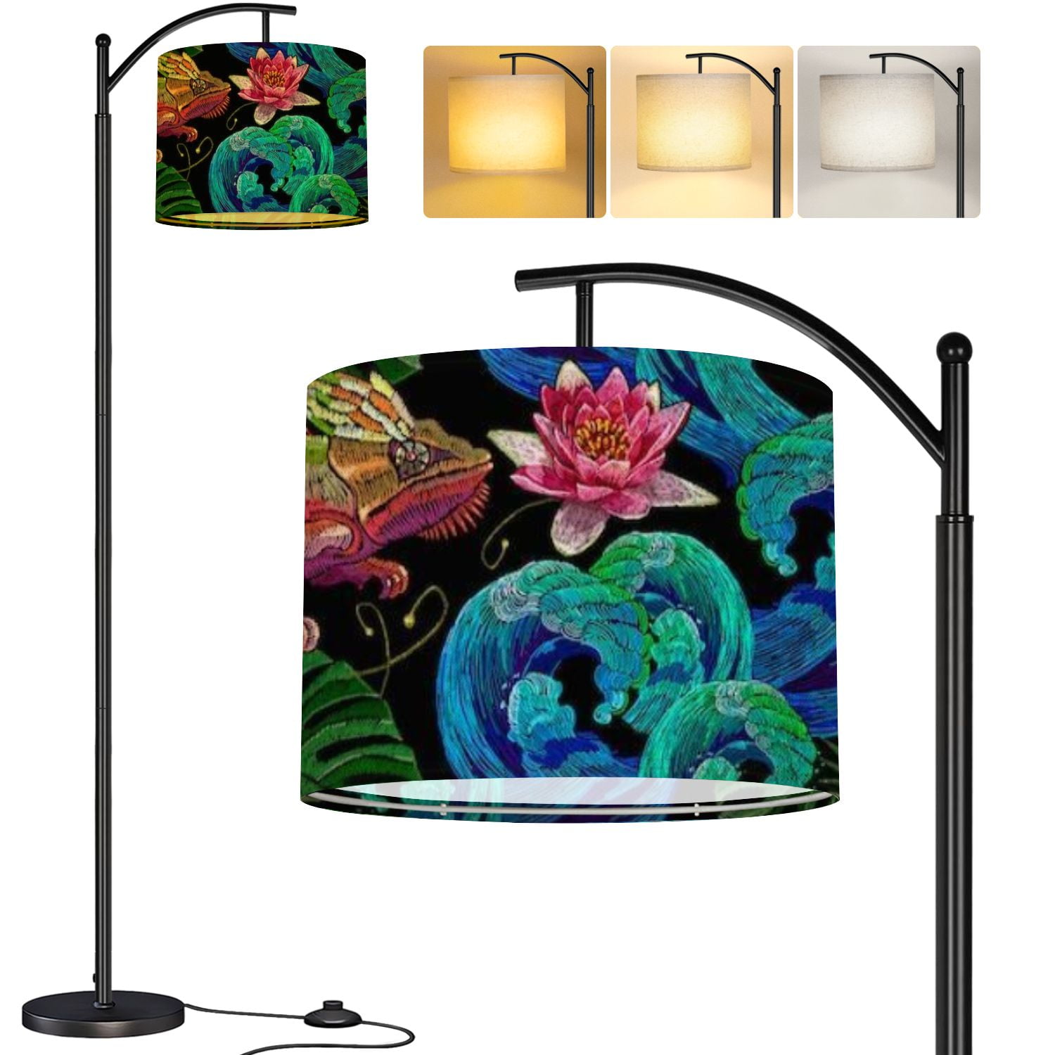 Arc Floor Lamp Embroidery colorful chameleons sea wave water lilies ...
