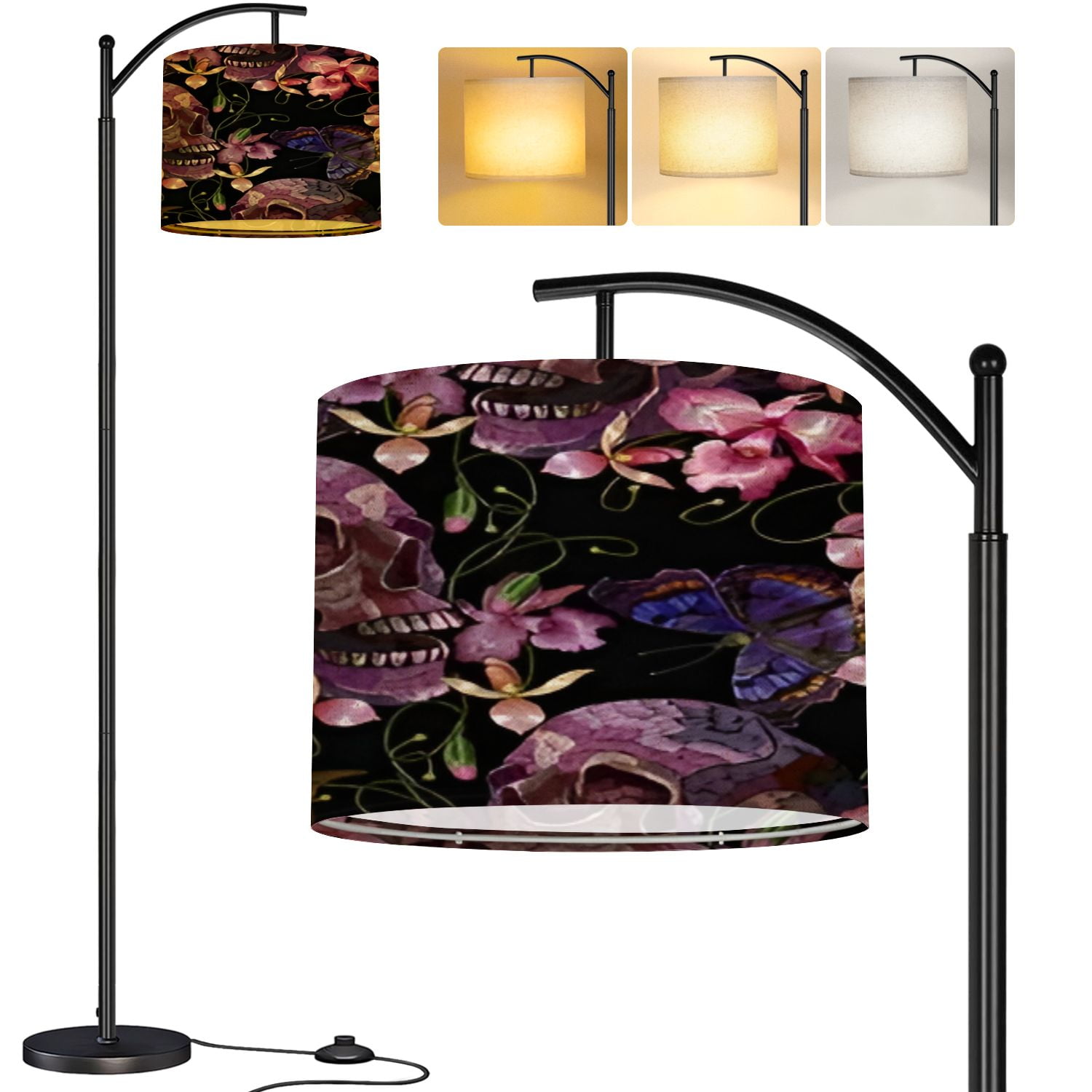 Arc Floor Lamp Embroidery human skull butterflies pink orchid flowers ...