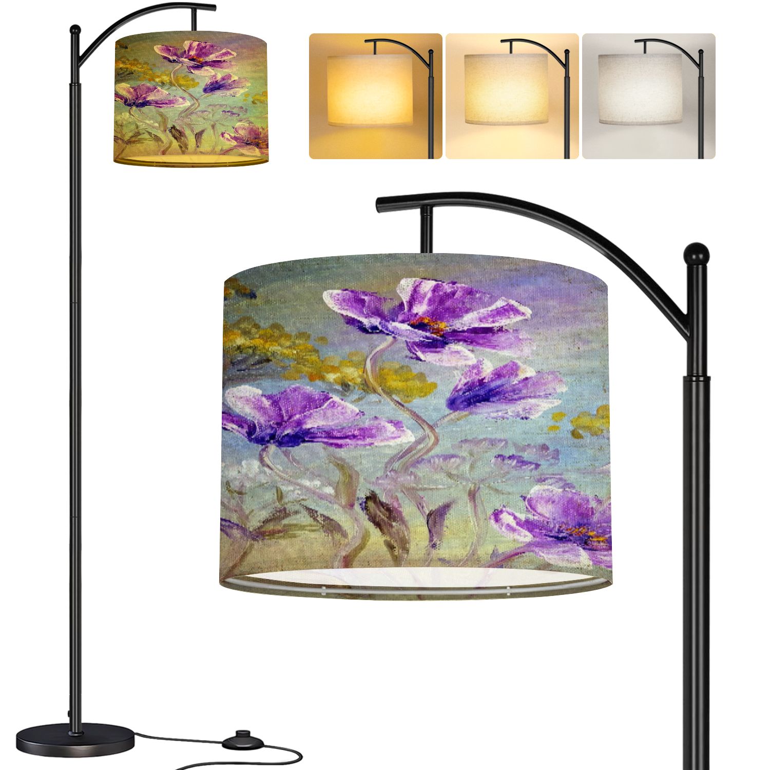 Arc Floor Lamp Hand painted modern style purple flowers Autumn flower ...
