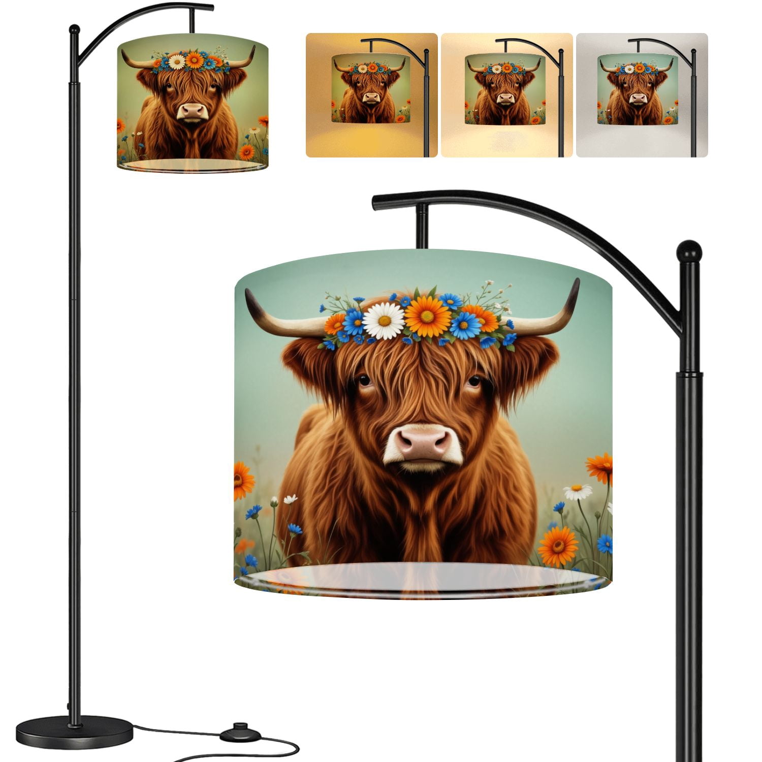 Arc Floor Lamp Highland Cow Farmhouse Animal Daisy Tall Modern Standing ...