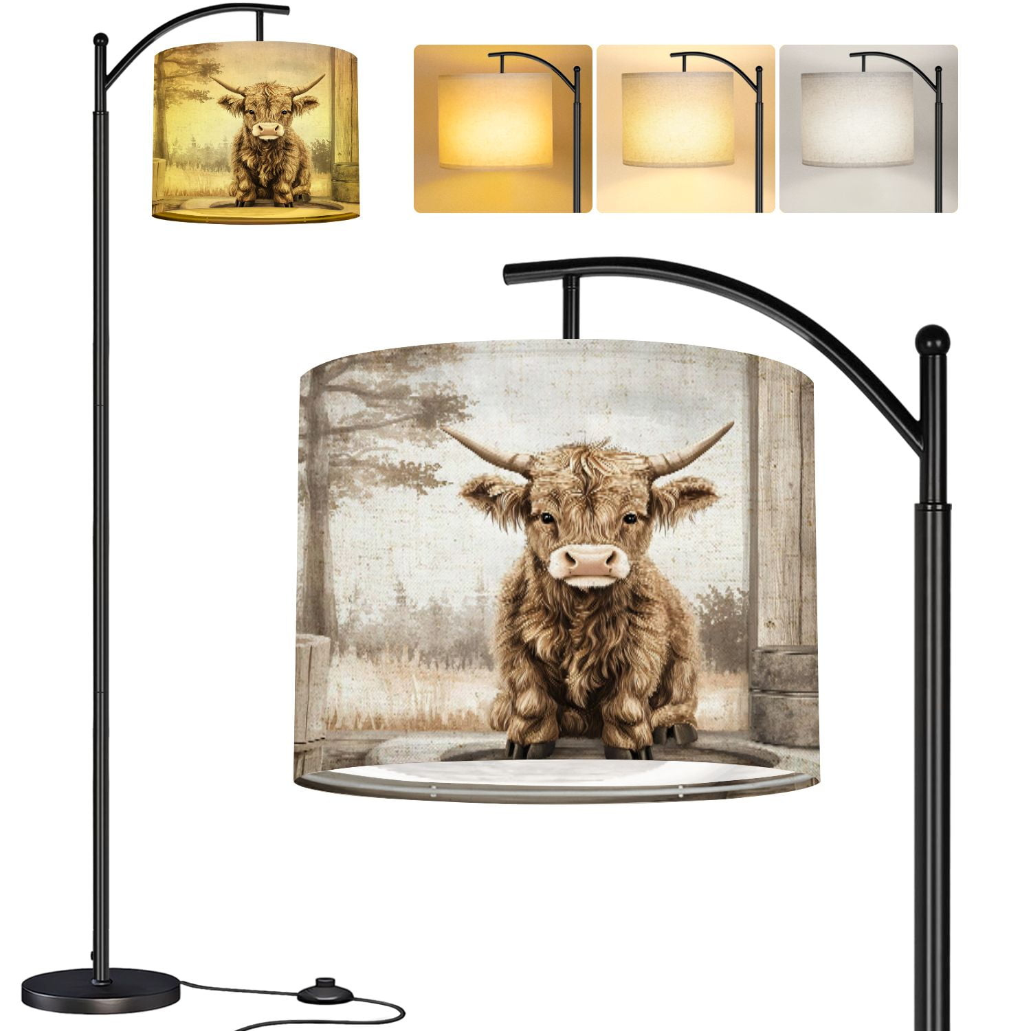 Arc Floor Lamp Highland Cow Funny Rustic Farmhouse Animal Wooden ...