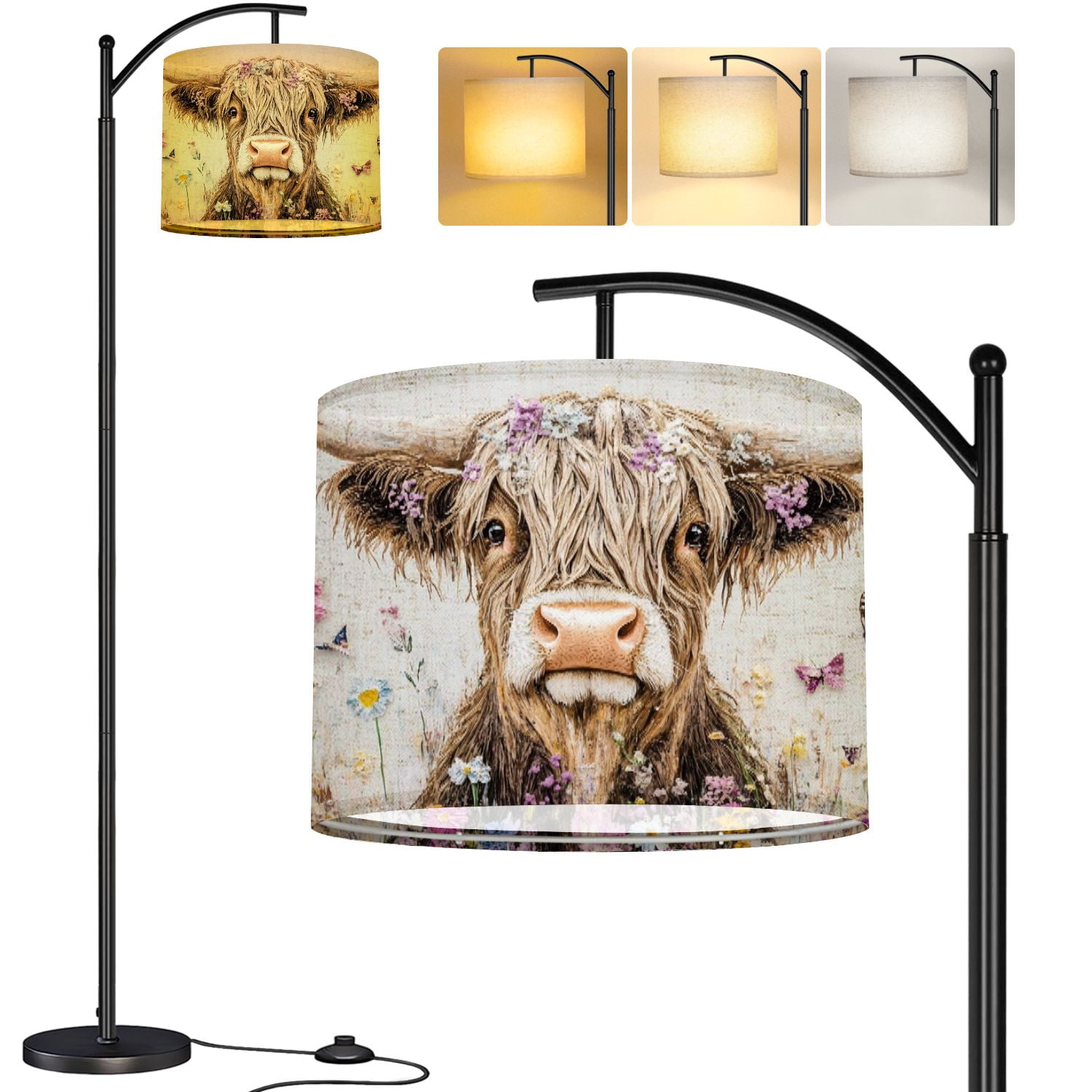 Arc Floor Lamp Highland Cow Rustic Farmhouse Animal Nature Flower ...