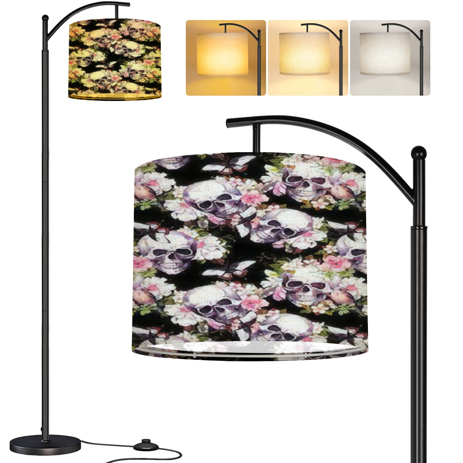 Arc Floor Lamp Human skulls flowers birds butterflies Seamless black ...