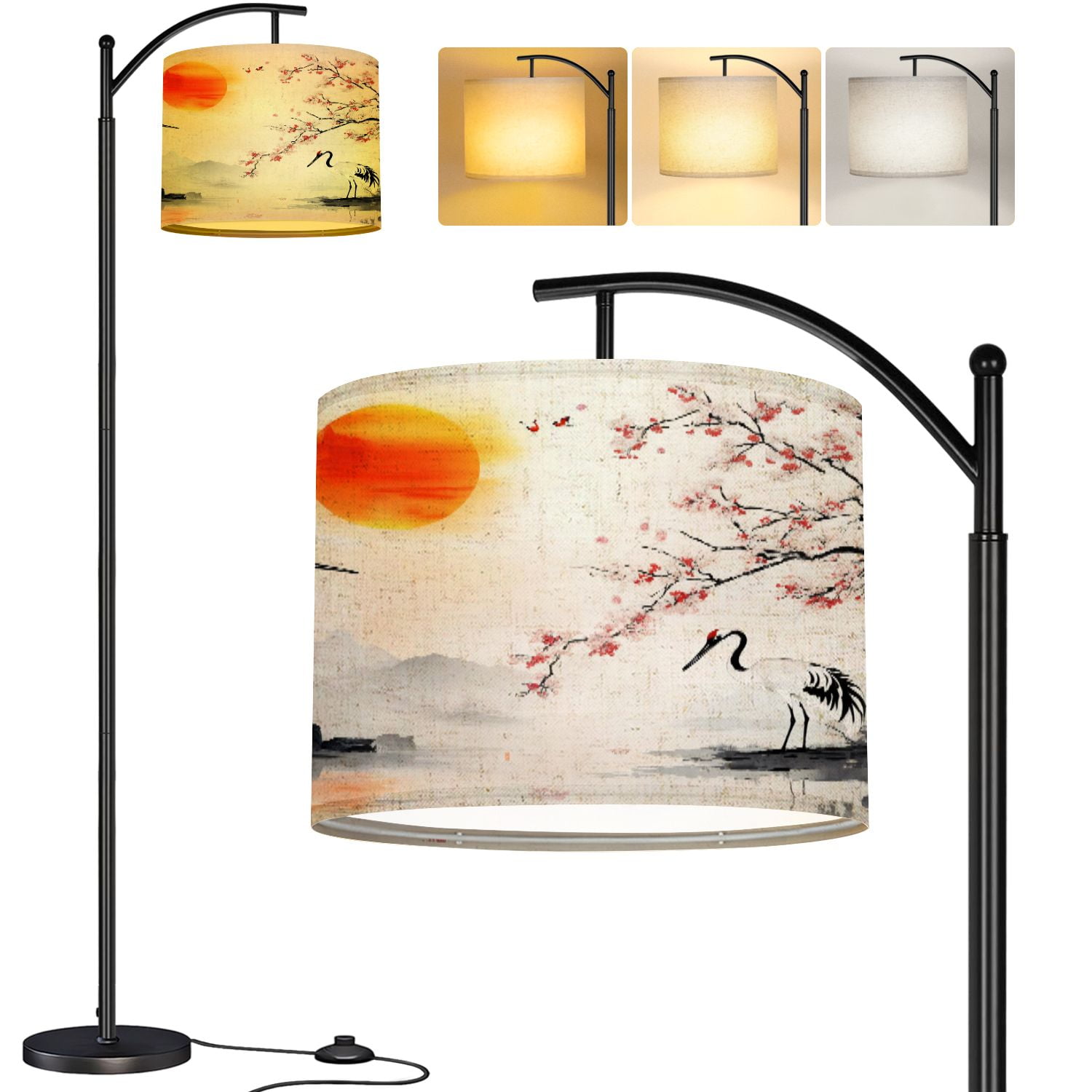 Arc Floor Lamp Kabuki Japan Black Cranes Cherry Blossom Tree Sun Water ...