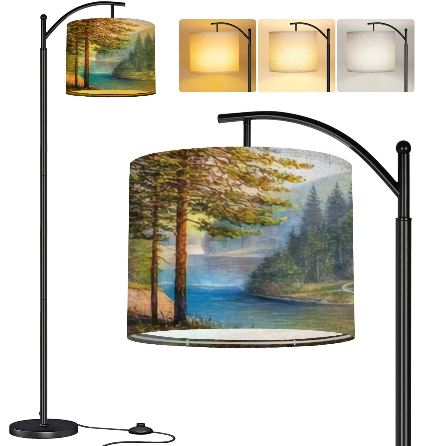 Arc Floor Lamp Landscape forest pine trees Stones shore river Oil ...