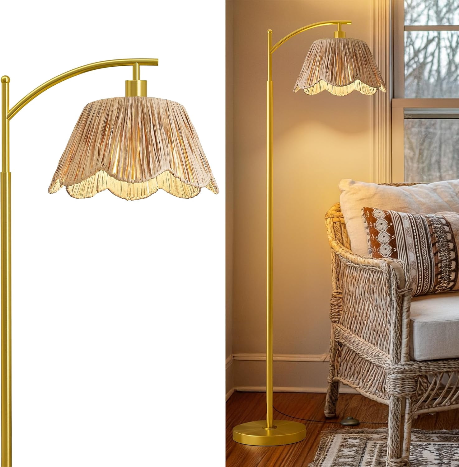 Arc Floor Lamp for Living Room,Rattan Boho Floor Lamp with Hand-Woven ...