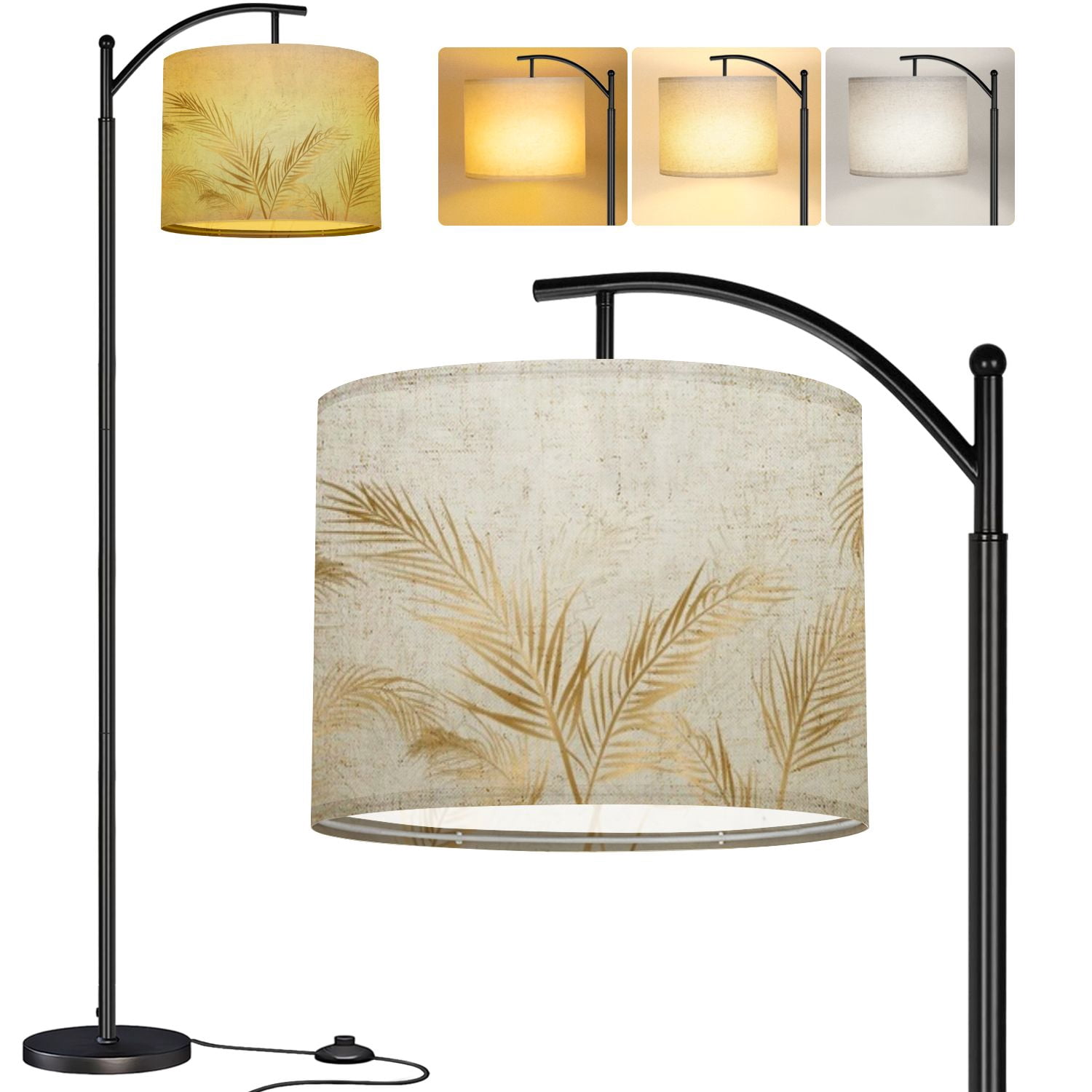 Arc Floor Lamp Luxurious golden tropical leaves white botanical floral ...