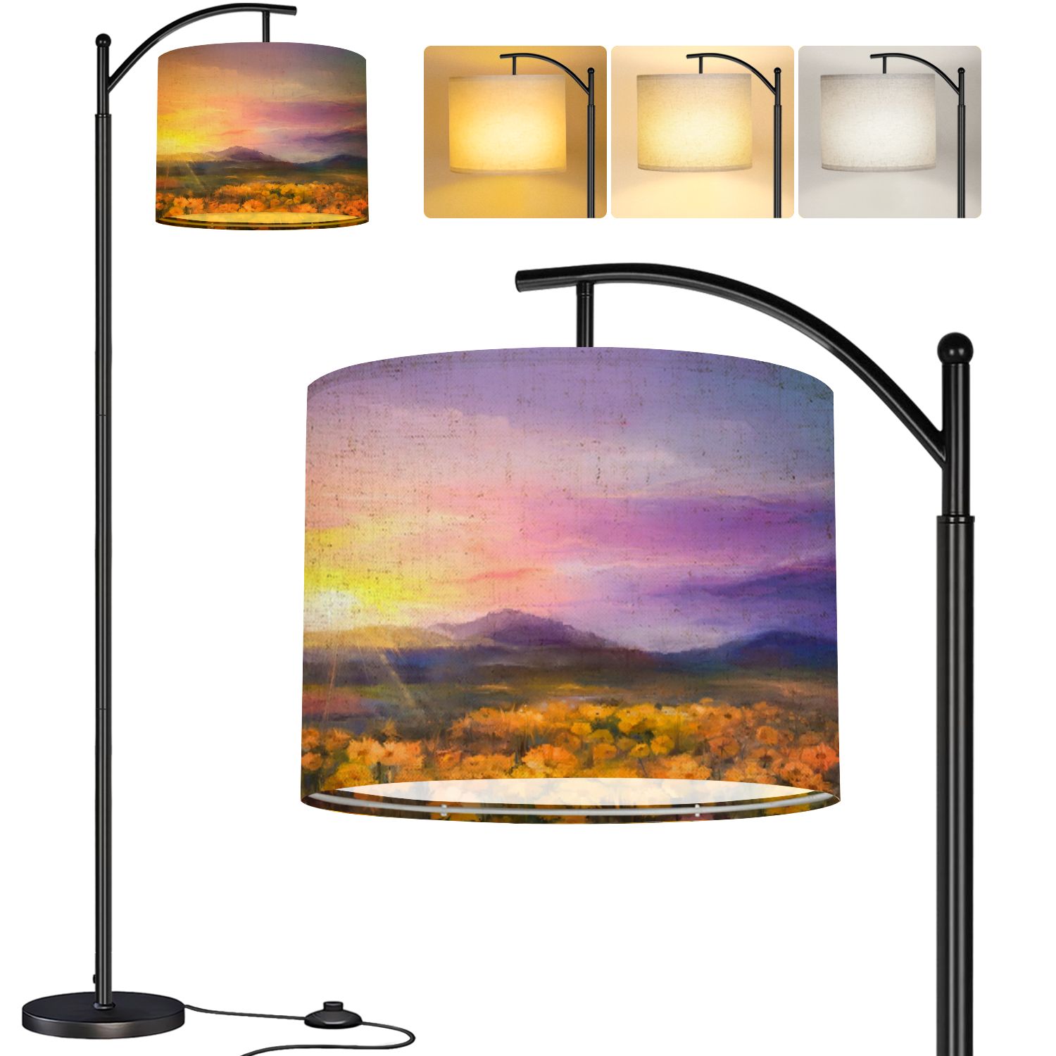 Arc Floor Lamp Oil painting yellow golden daisy flowers fields Sunset ...