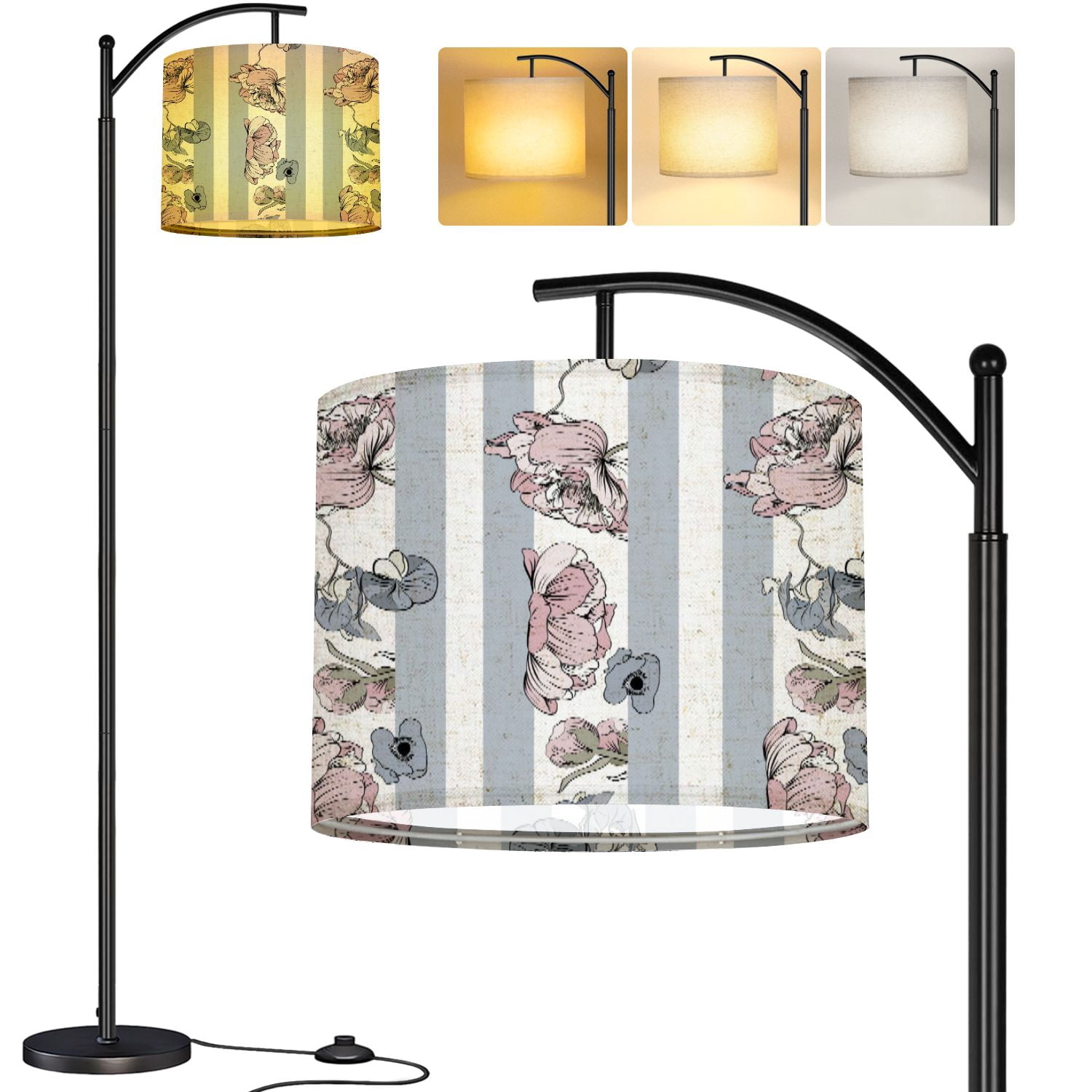 Arc Floor Lamp Pale pink orhid peonies gray leaves striped Tall Modern ...