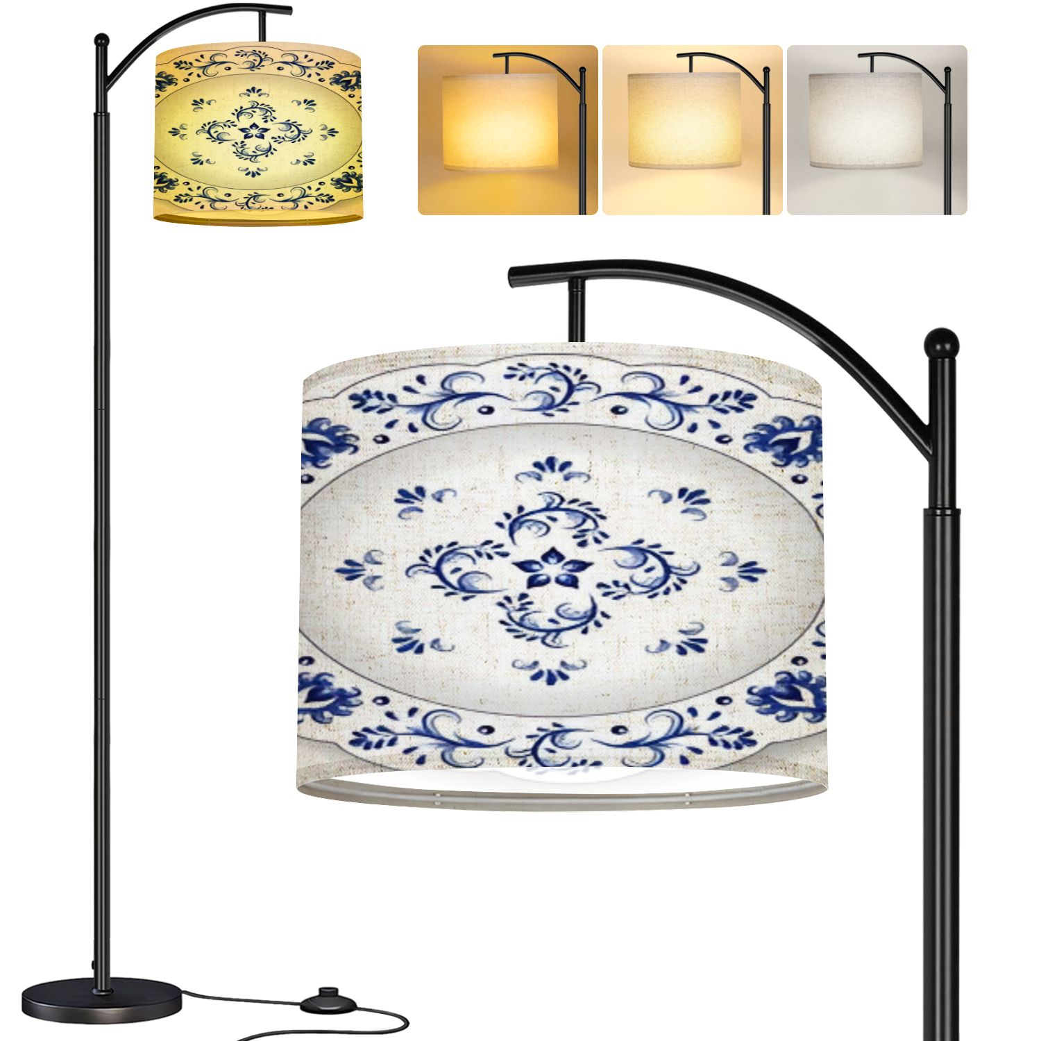 Arc Floor Lamp Porcelain plate oriental blue white abstract floral ...