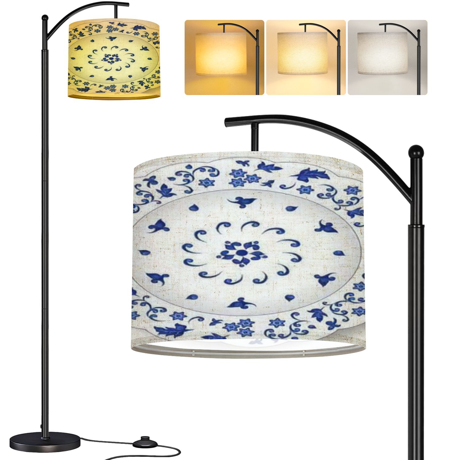Arc Floor Lamp Porcelain plate oriental blue white abstract floral ...