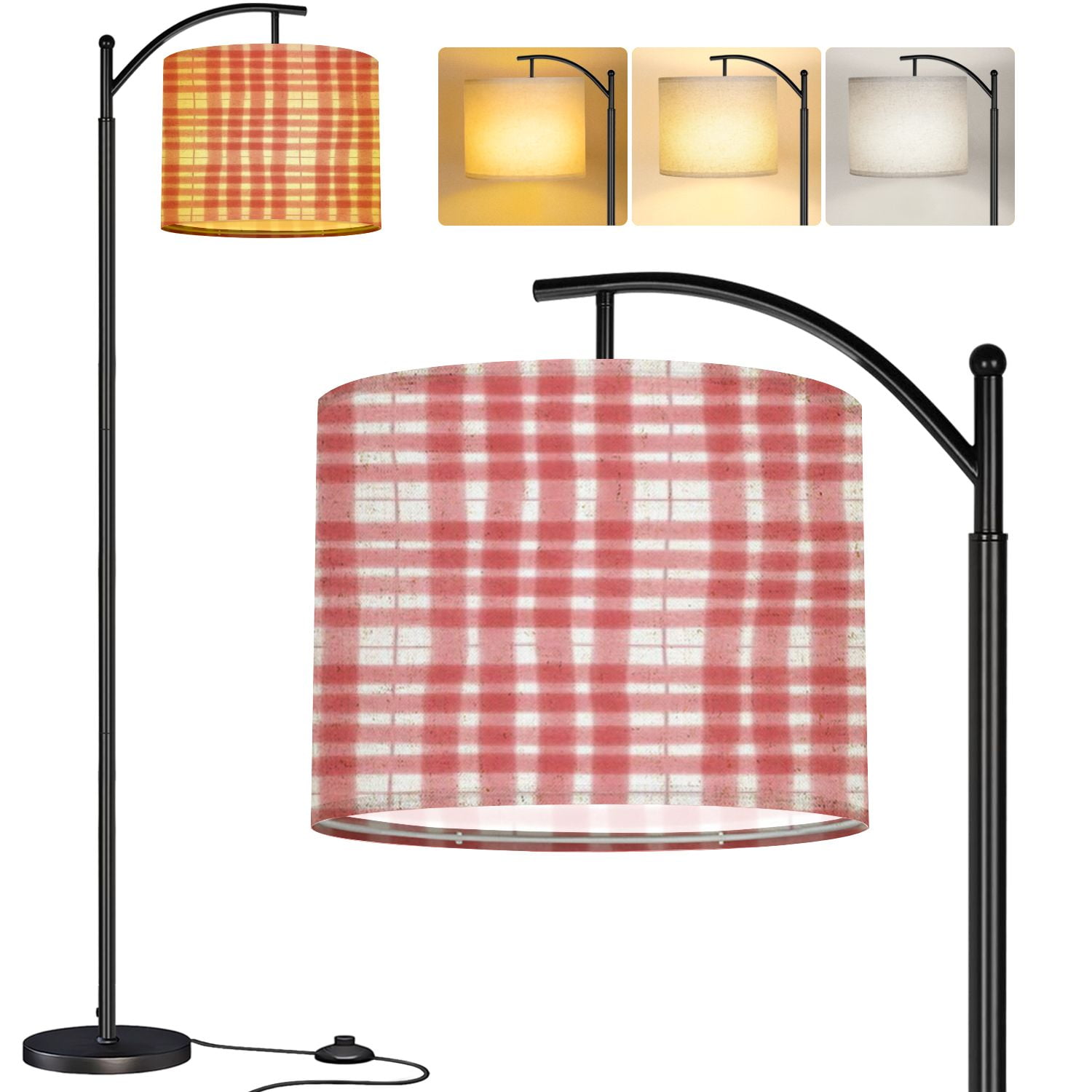 Arc Floor Lamp Red Plaid Gingham Check Hand Drawn Tall Modern Standing ...