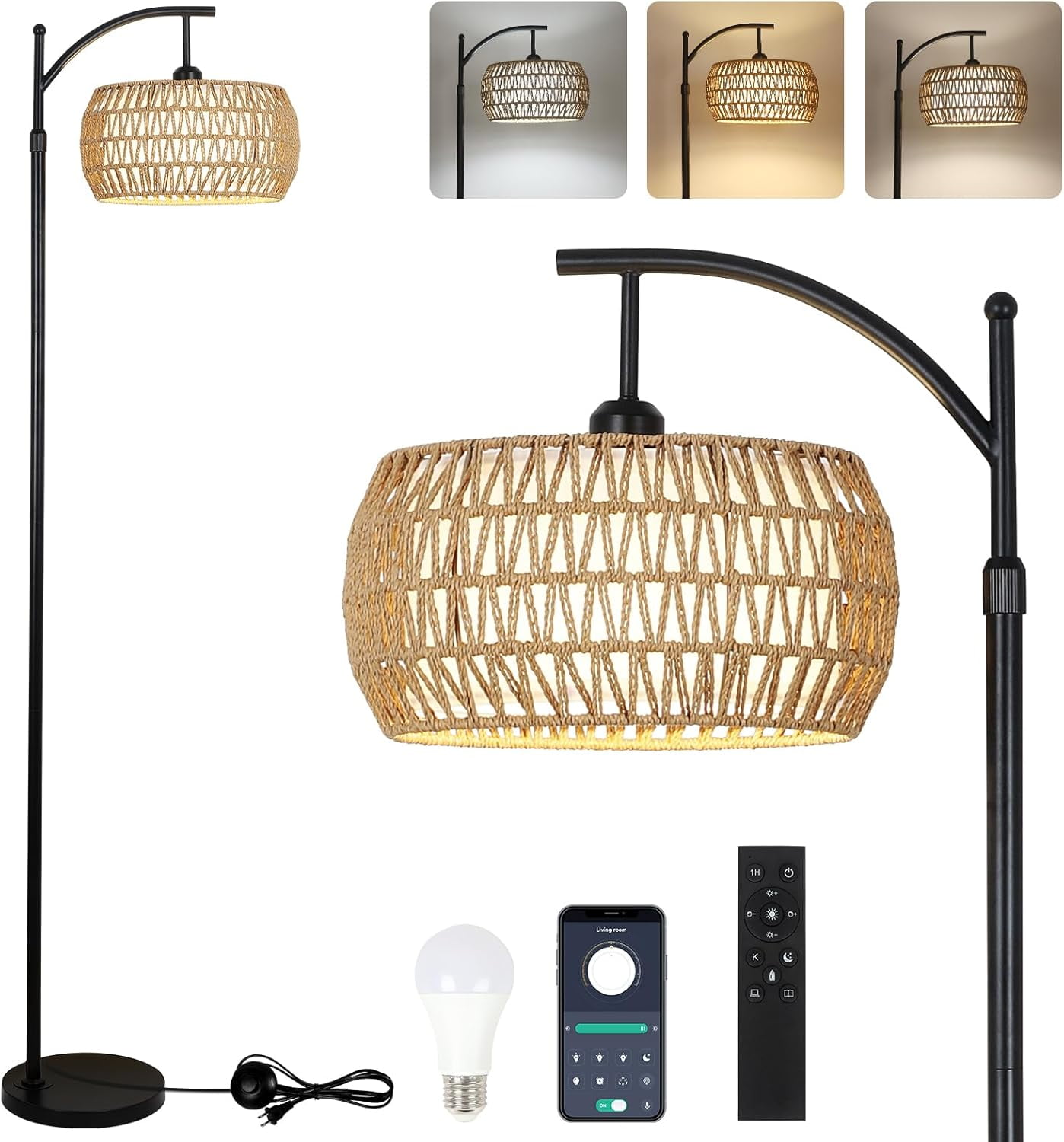 Arc Floor Lamp with Remote Control, Dimmable LED Floor Lamp with 3 ...