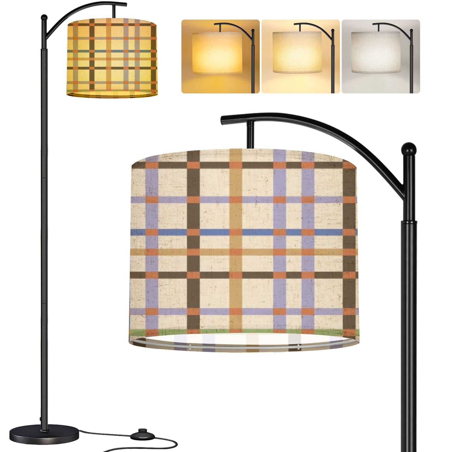 Arc Floor Lamp Retro Earth Toned Check Pattern Minimal Grid Tall Modern ...