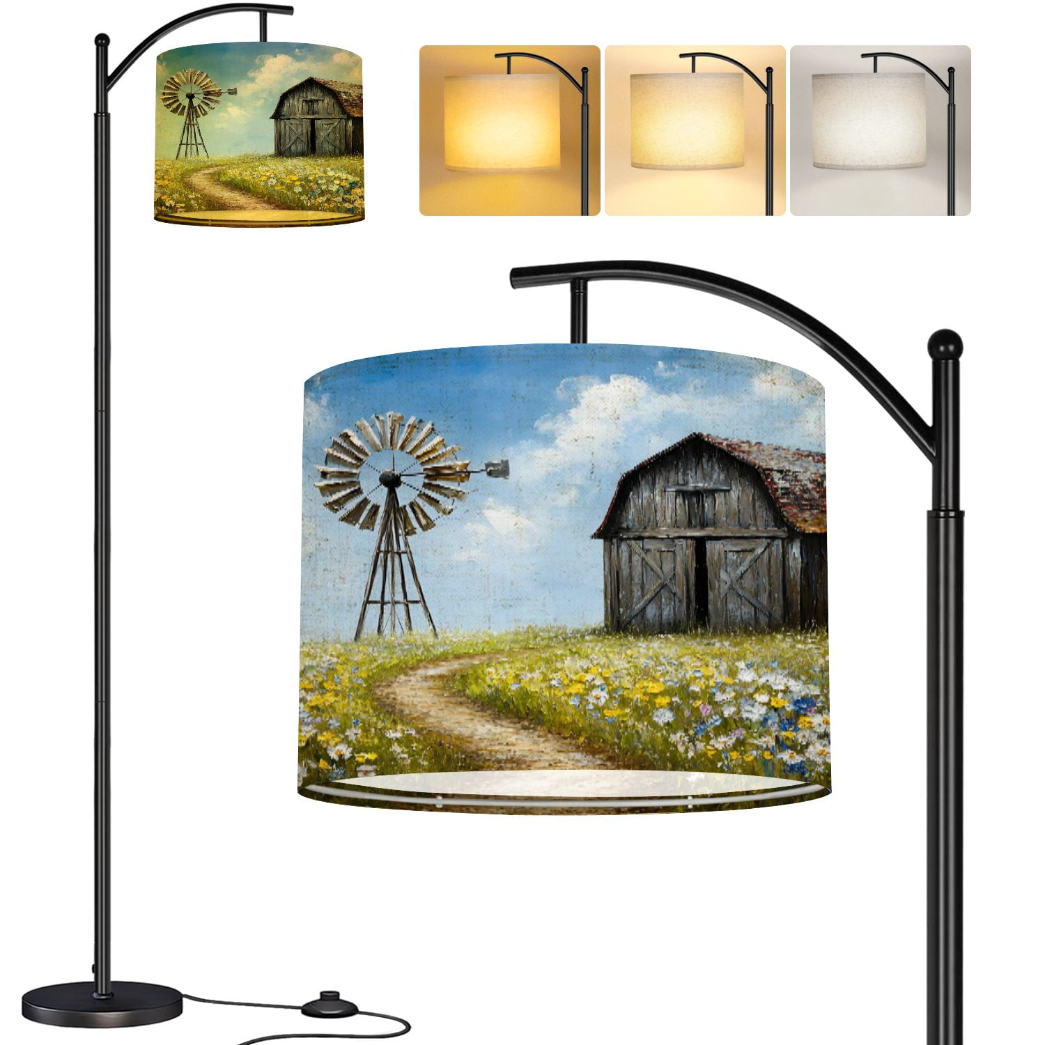 Arc Floor Lamp Rustic Farmhouse Wooden Country Meadow Landscape Blue ...