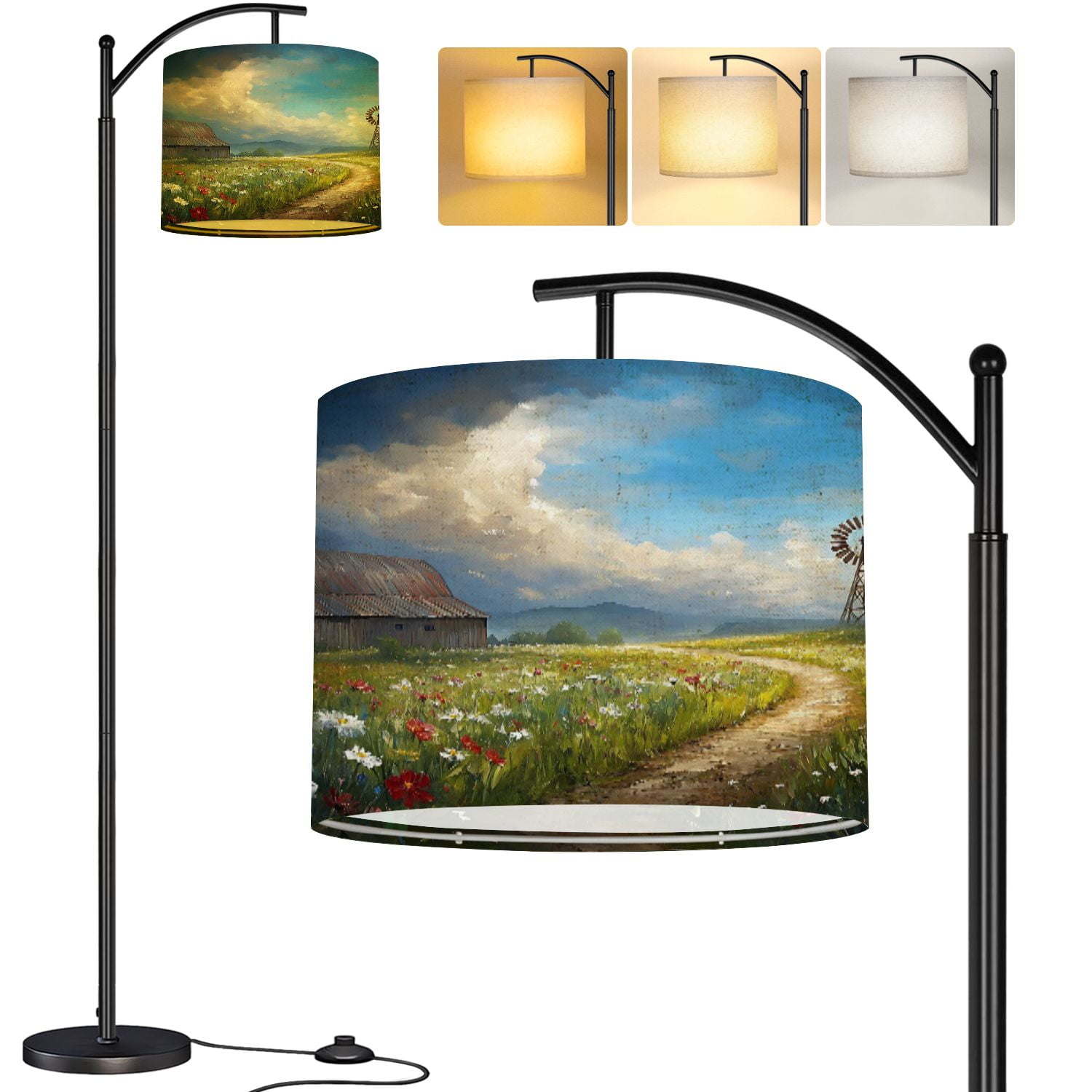 Arc Floor Lamp Rustic Farmhouse Wooden Country Meadow Landscape Blue ...