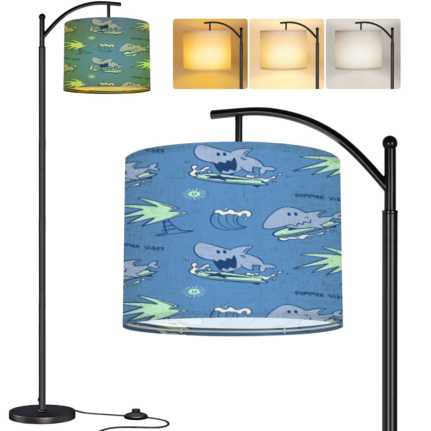 Arc Floor Lamp Seamless Cute cartoon shark surfing surfboard blue Tall ...