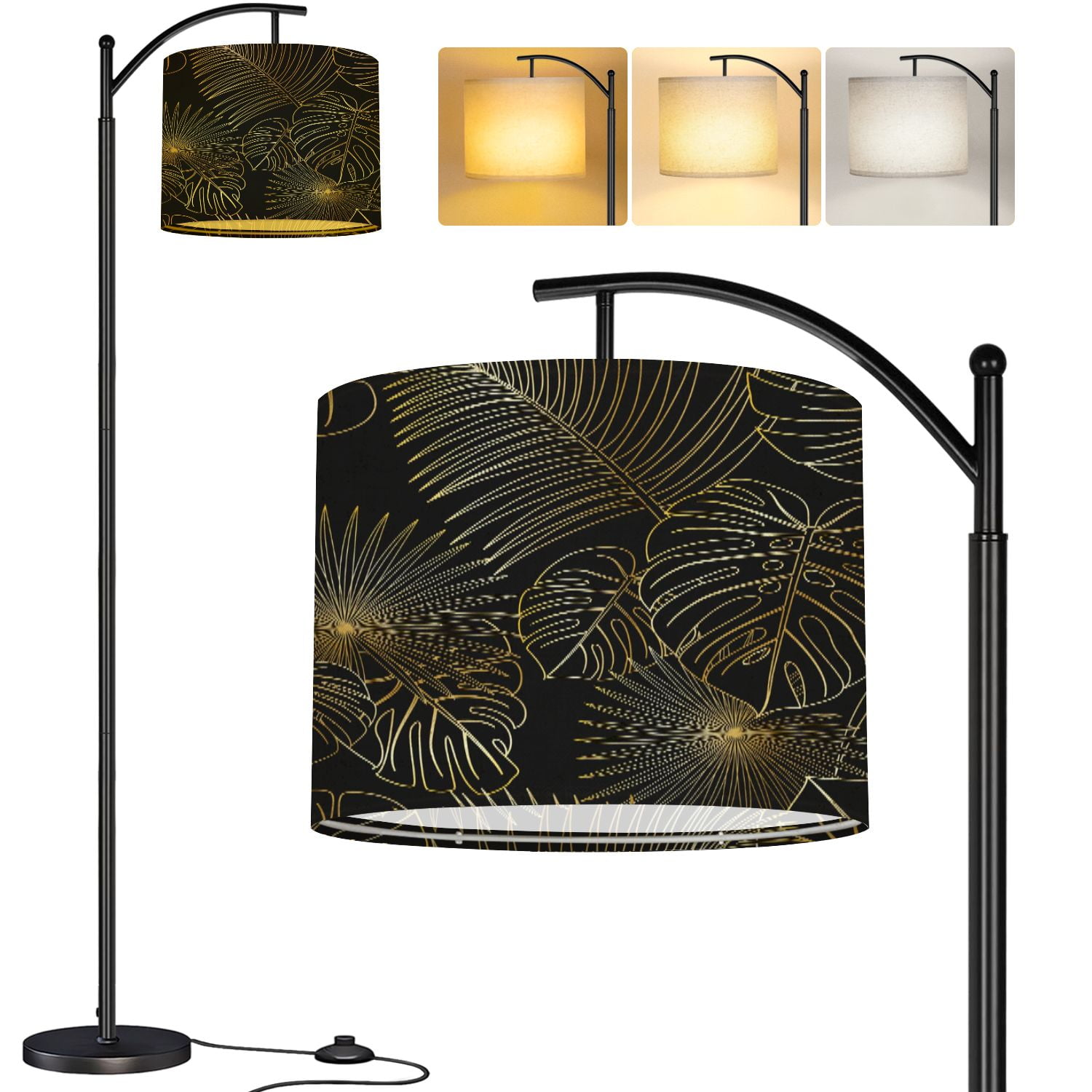 Arc Floor Lamp Seamless exotic jungle tropical golden palm leaves black ...
