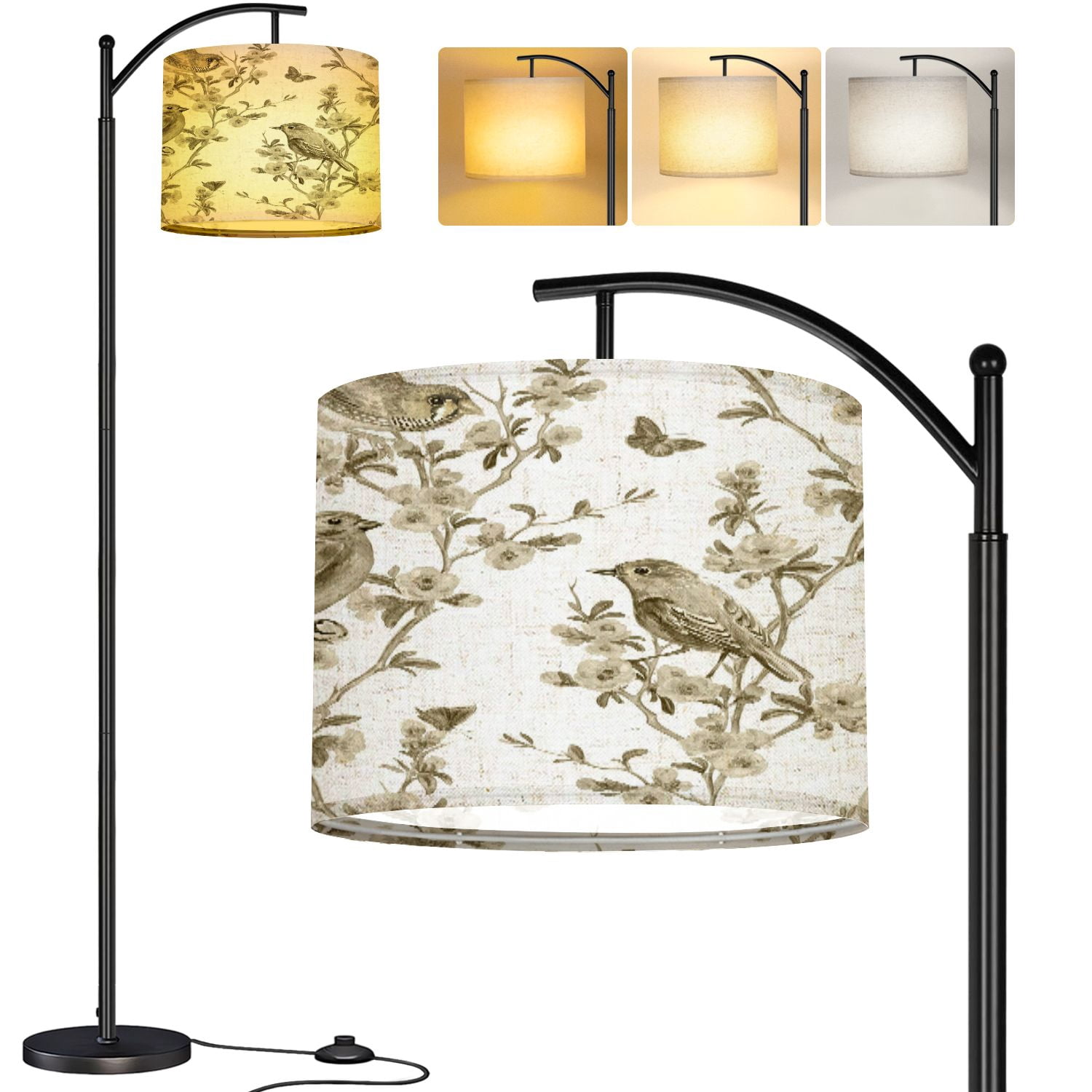 Arc Floor Lamp Seamless pattern birds flowering branches monochrome for ...