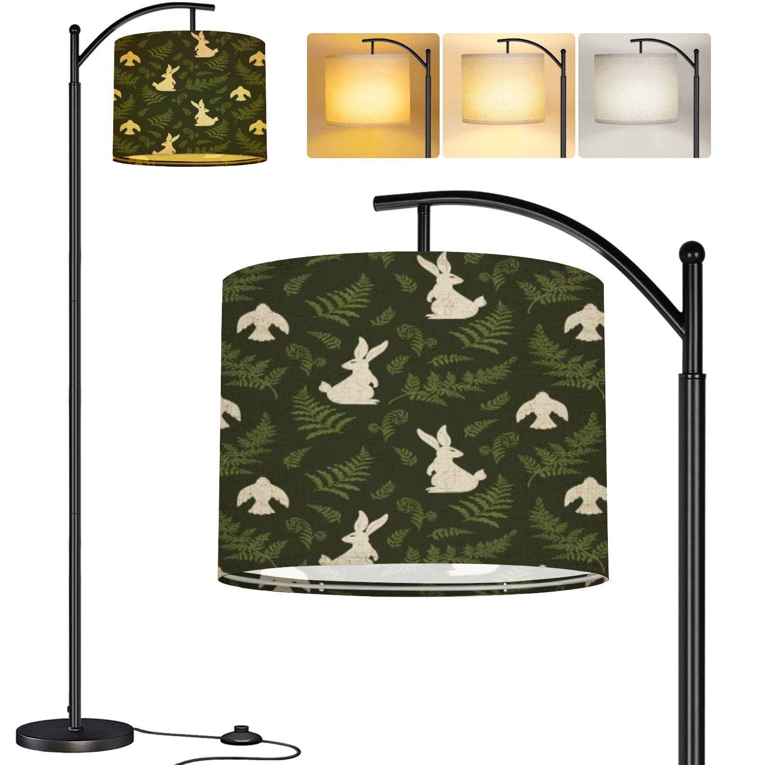 Arc Floor Lamp Seamless pattern fern leaves birds rabbits forest ...