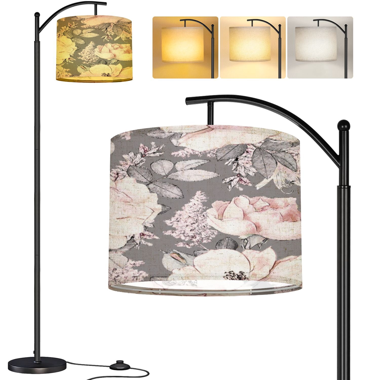 Arc Floor Lamp Seamless pattern pink flowers leaves gray watercolor ...