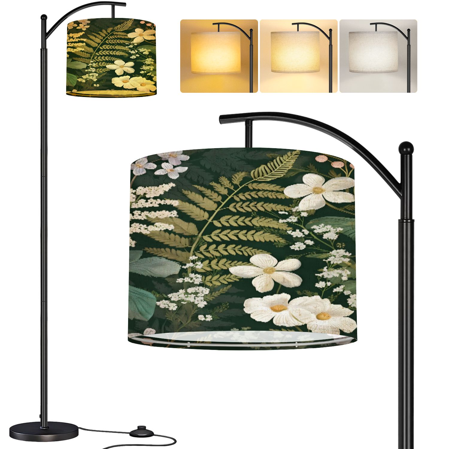 Arc Floor Lamp Seamless pattern white flowers berries fern leaves ...