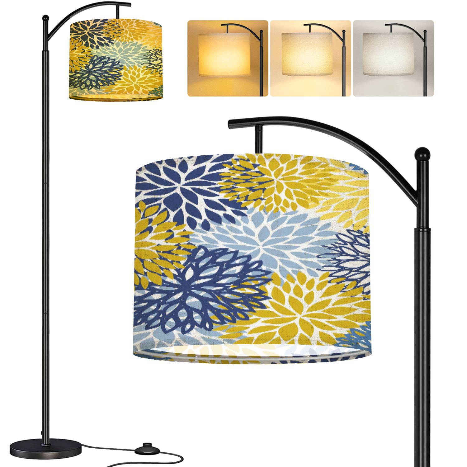 Arc Floor Lamp Spring floral seamless pattern Blue yellow navy ...