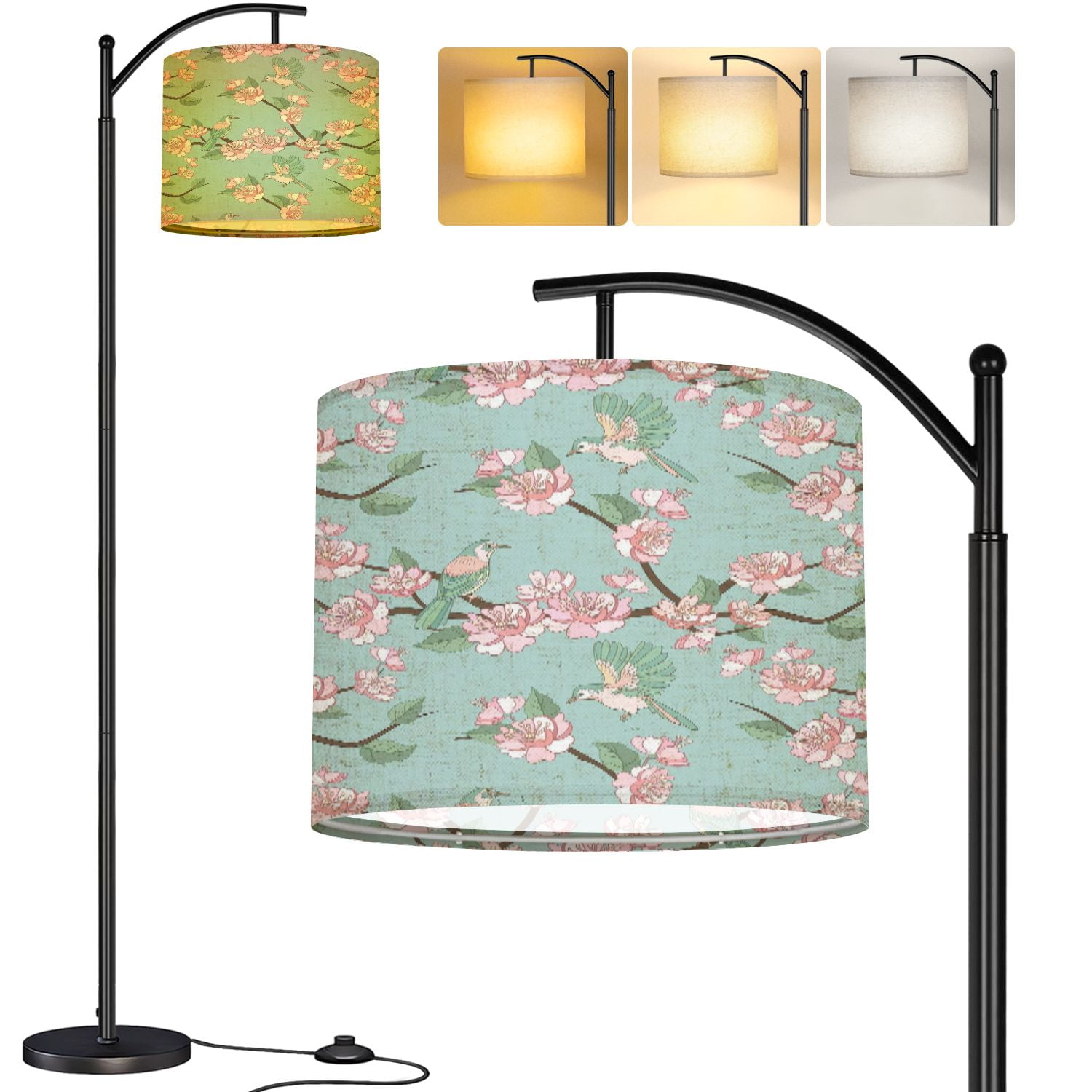 Arc Floor Lamp Spring peach tree blossom seamless pattern birds Tall Modern Standing Lamp LED ...