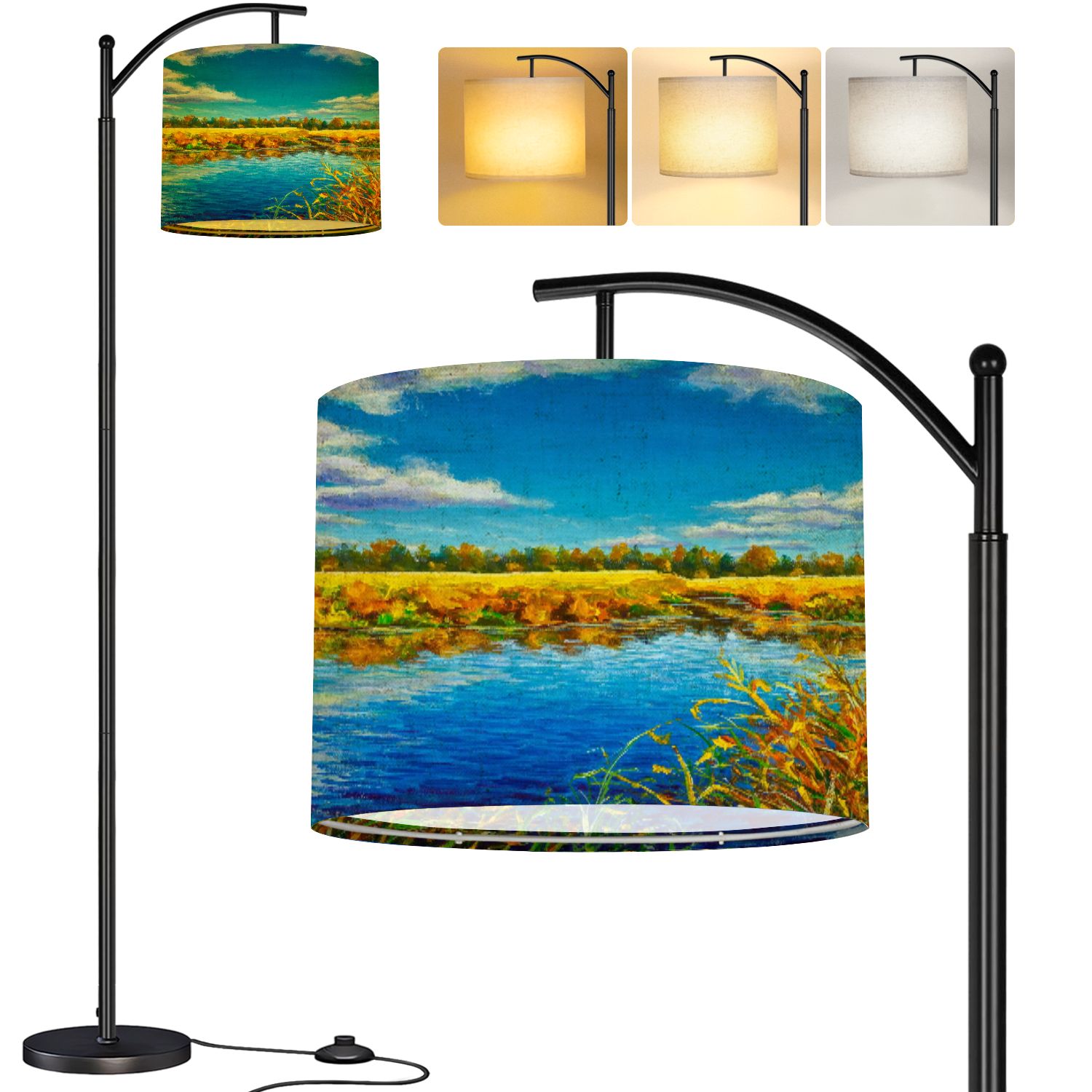 Arc Floor Lamp Sunny autumn day blue river oil painting Trees far shore ...