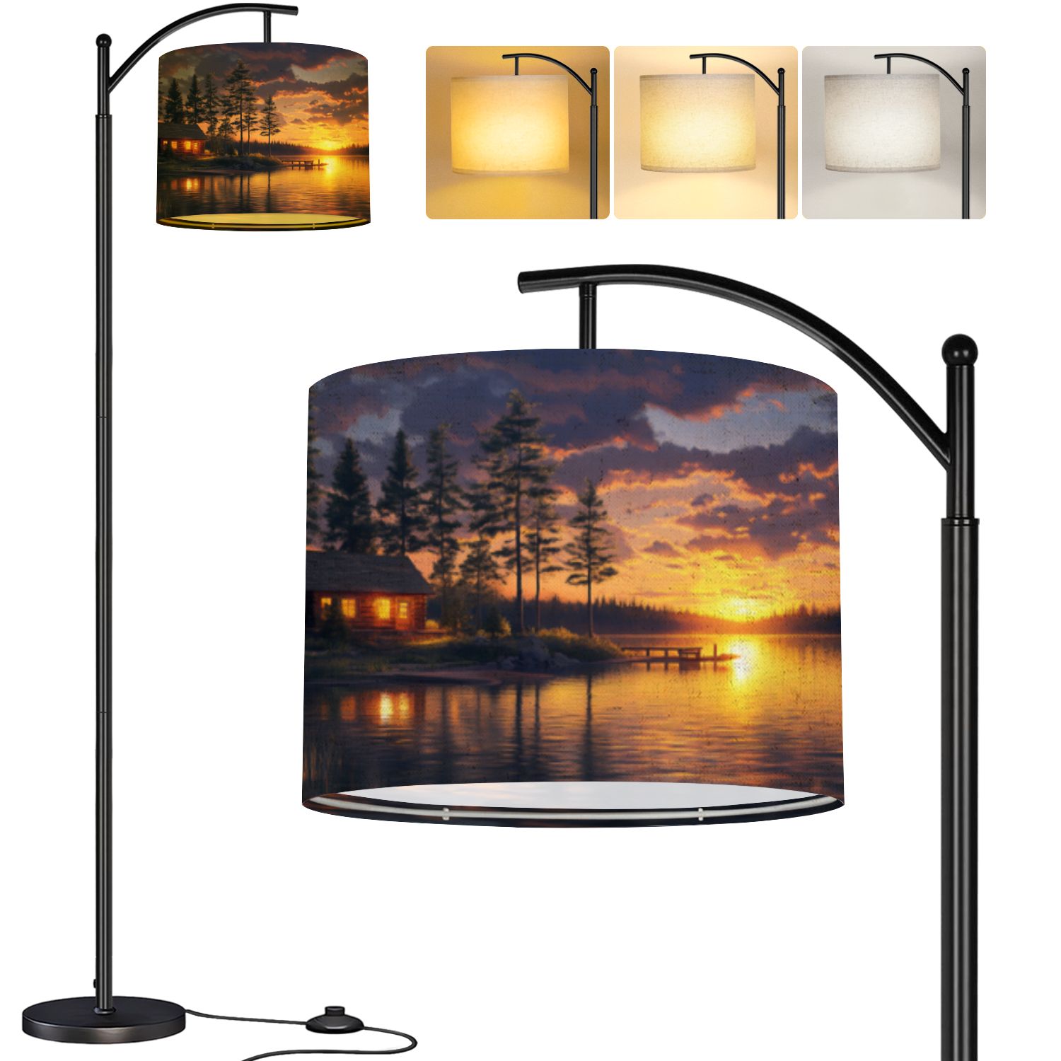 Arc Floor Lamp Sunset Log Cabin Pine Trees Lake Pier Realistic ...