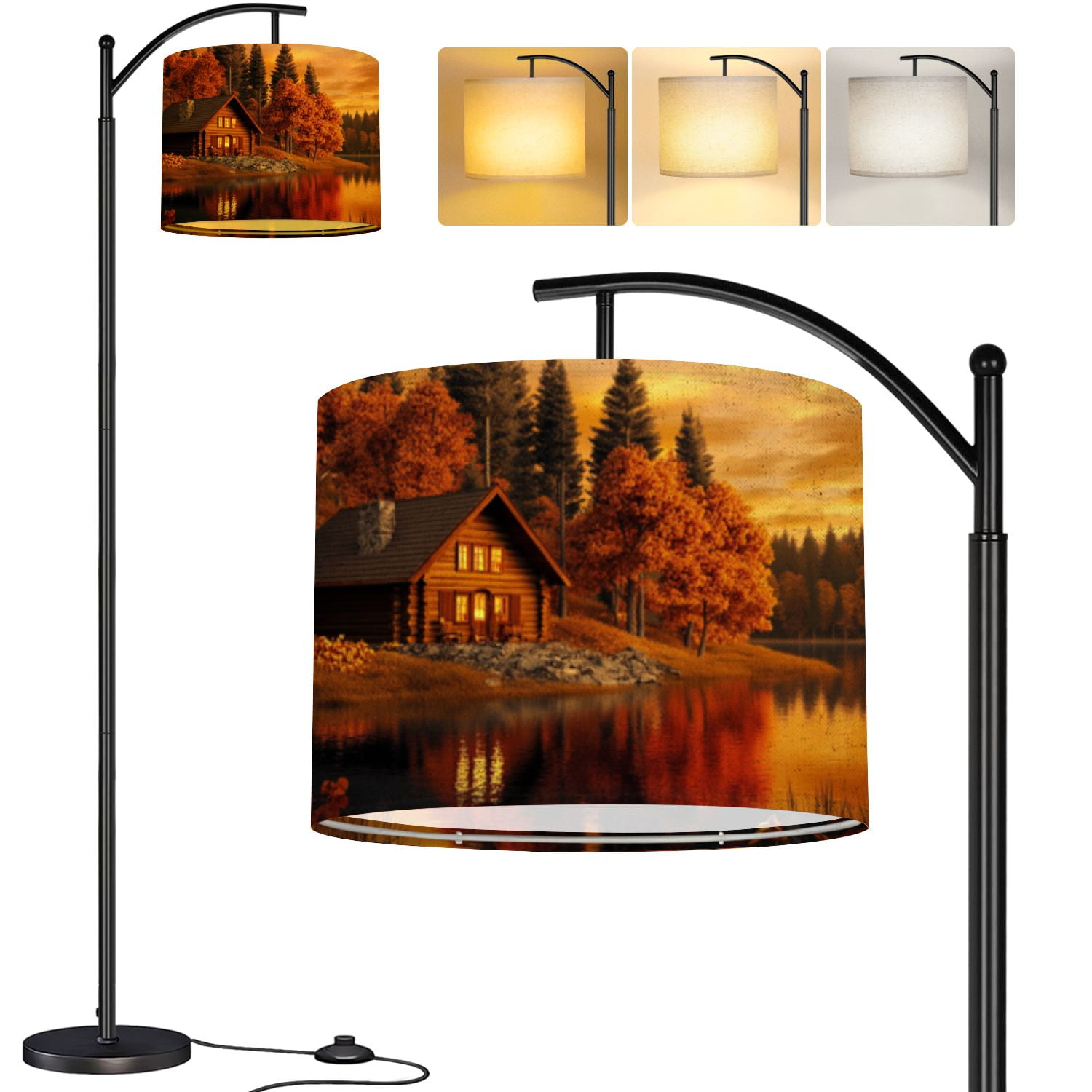 Arc Floor Lamp Sunset Wooden Cabin Autumn Trees Lake Sky Reflection ...
