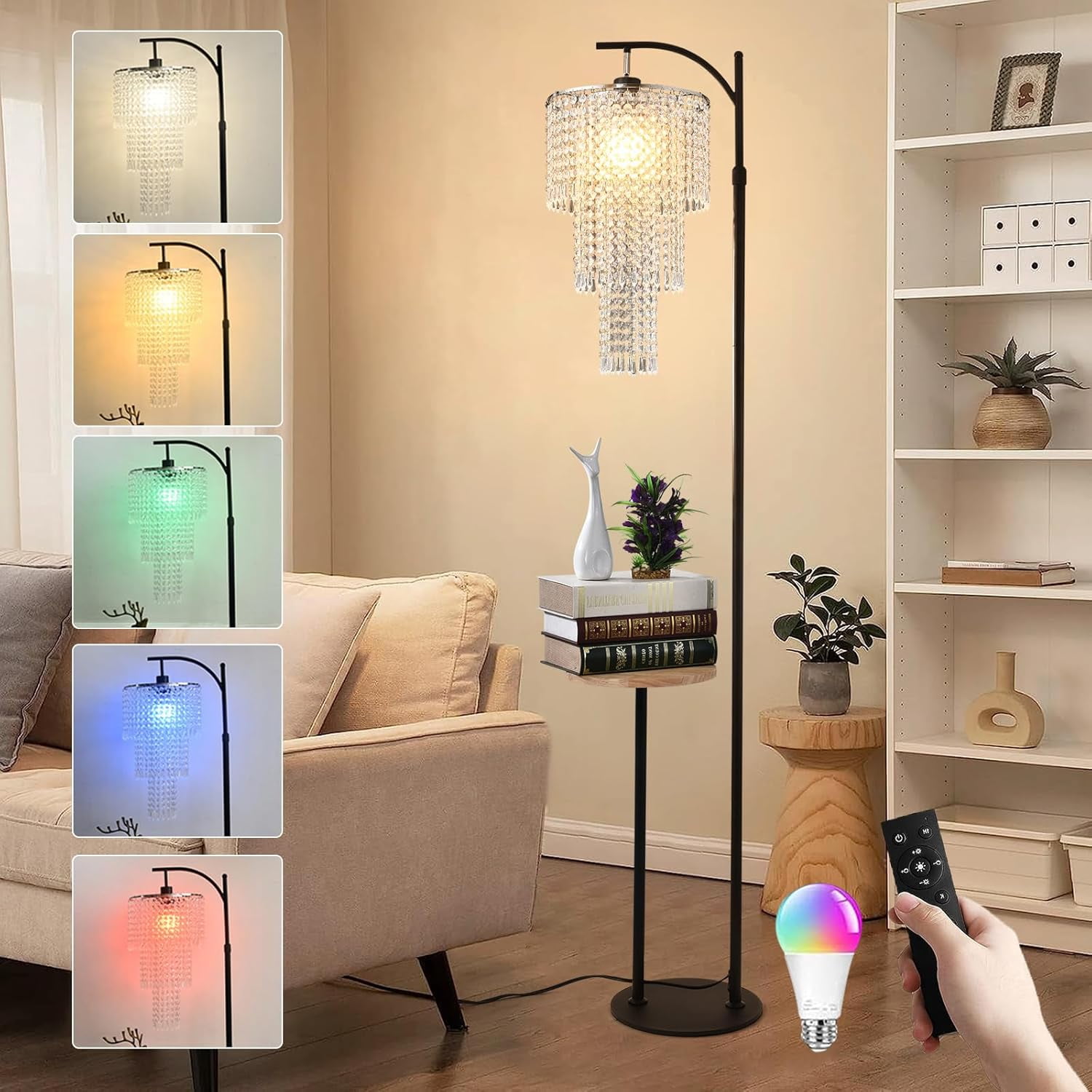 Arc Floor Lamp with Table and Shelves,Crystal Floor Lamps for Living ...