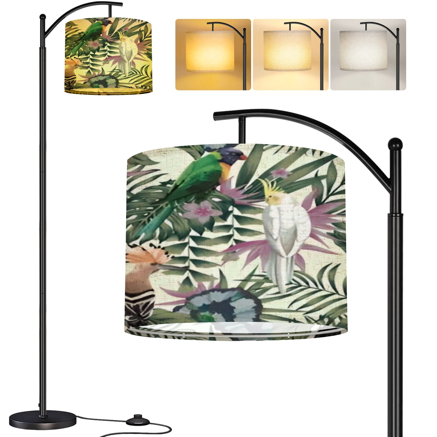 Arc Floor Lamp Tropical birds parrot hoopoe exotic jungle plants leaves ...
