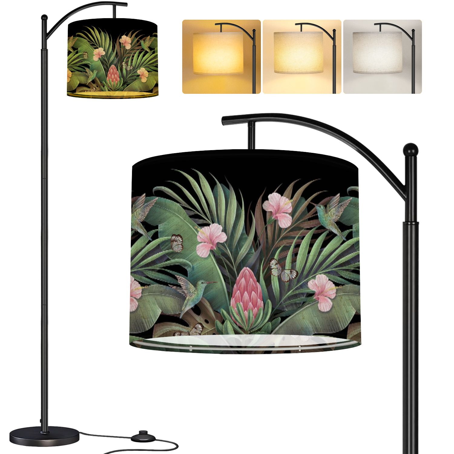 Arc Floor Lamp Tropical green banana leaves palm exotic flowers birds ...