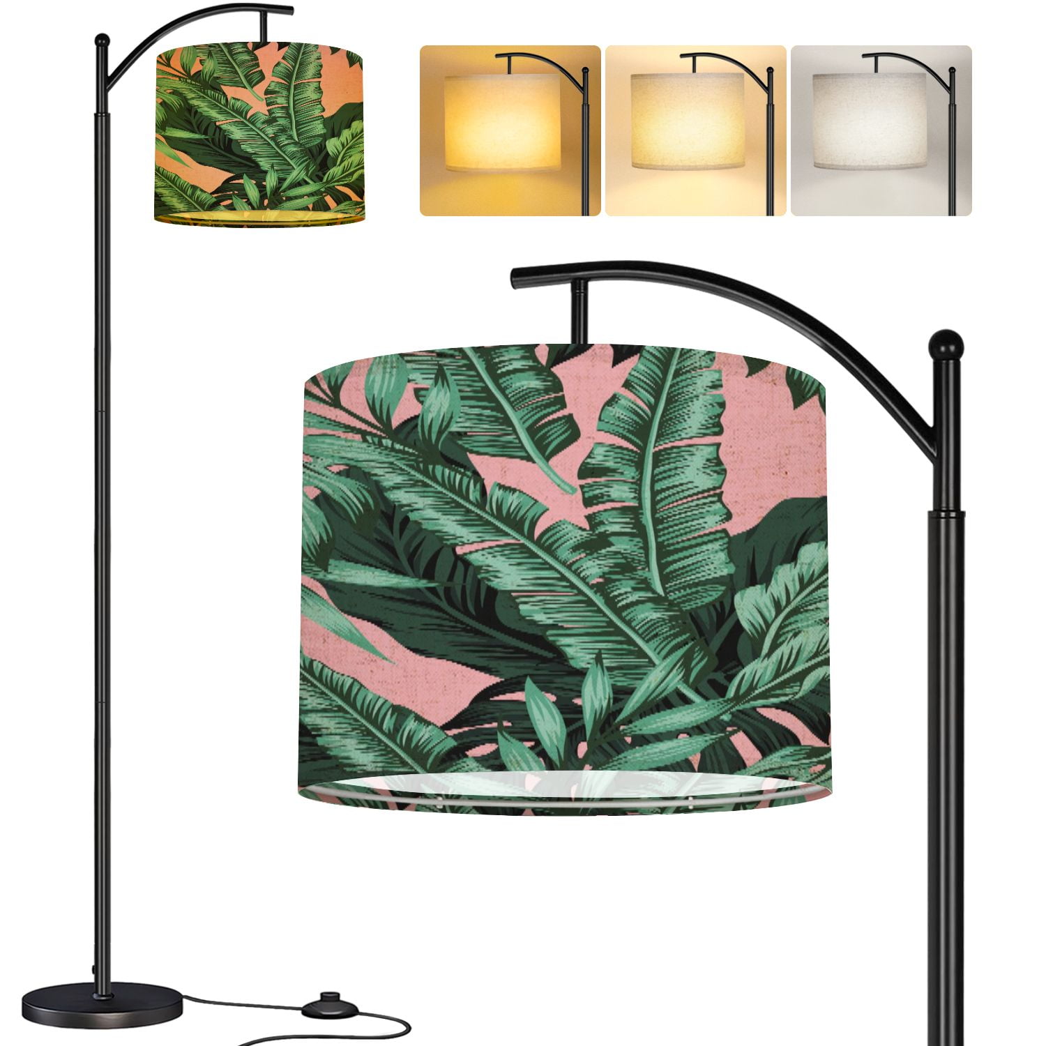 Arc Floor Lamp Tropical green leaves seamless pattern pink Exotic Tall ...