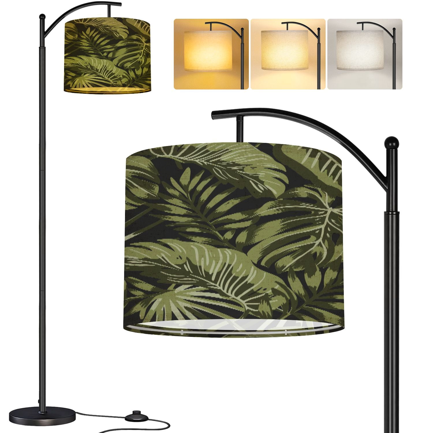 Arc Floor Lamp Tropical leaves pattern black Green tropical Jungle ...