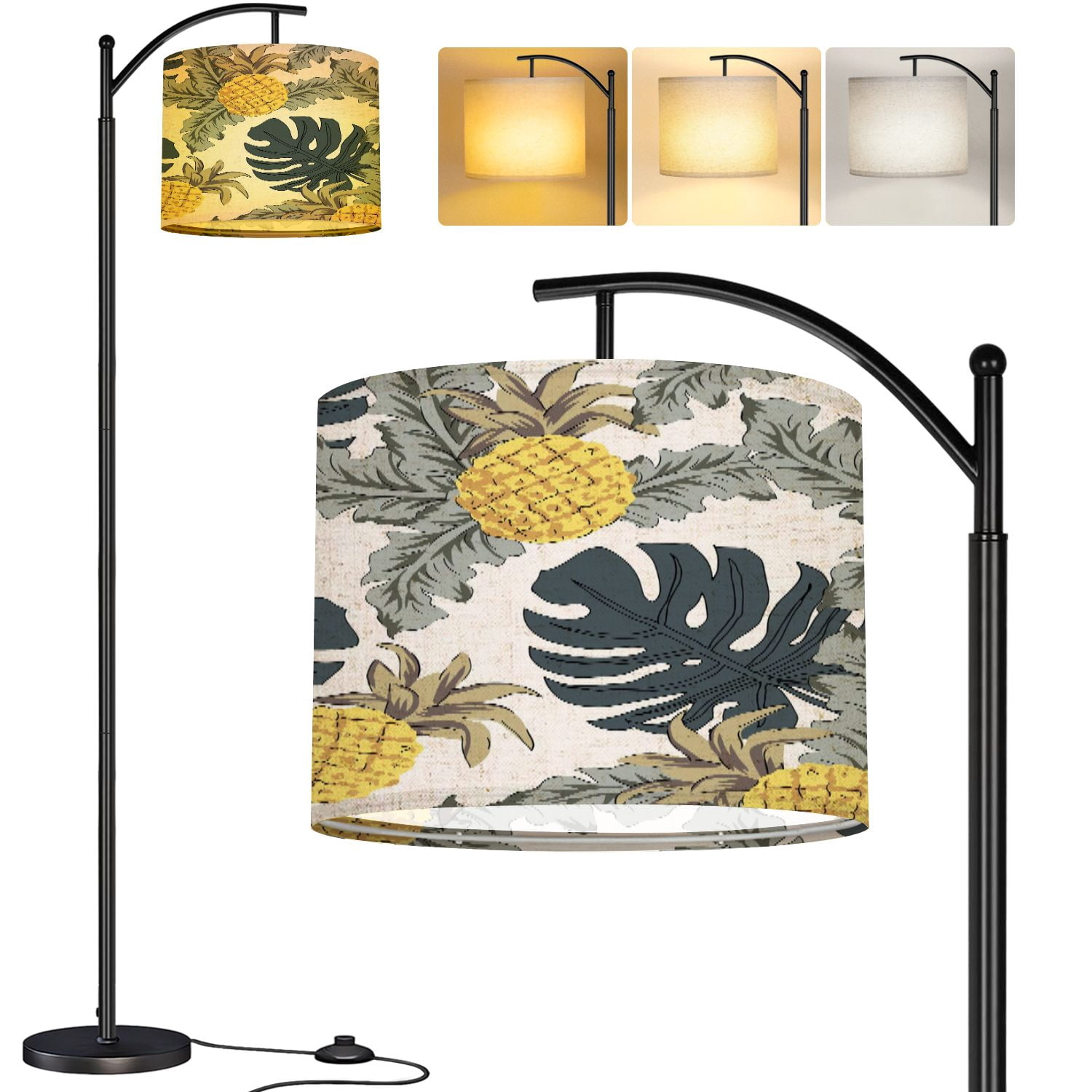 Arc Floor Lamp Tropical yellow pineapples gray palm leaves print ...
